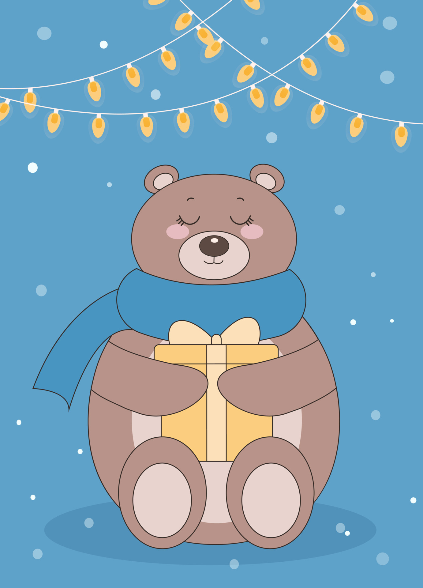 Christmas Greeting Card With Cute Polar Bear And Christmas Lights Card