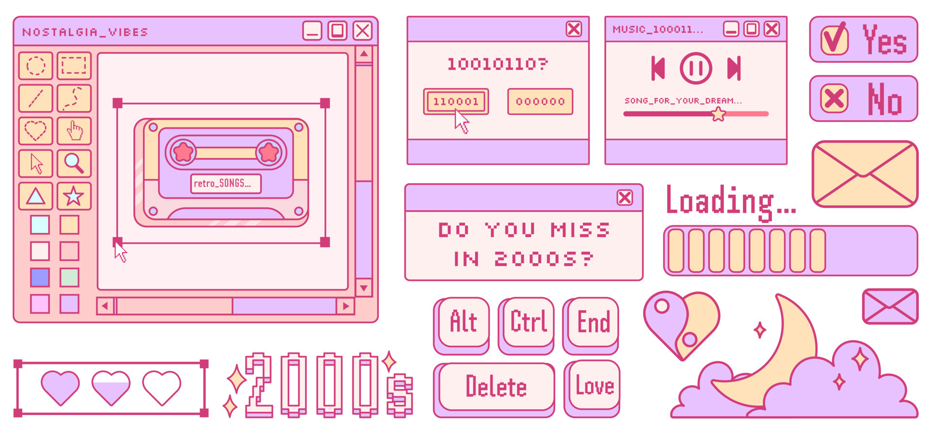 Old computer aestethic. Kawaii retro pc elements, user interface, operating system, windows ...