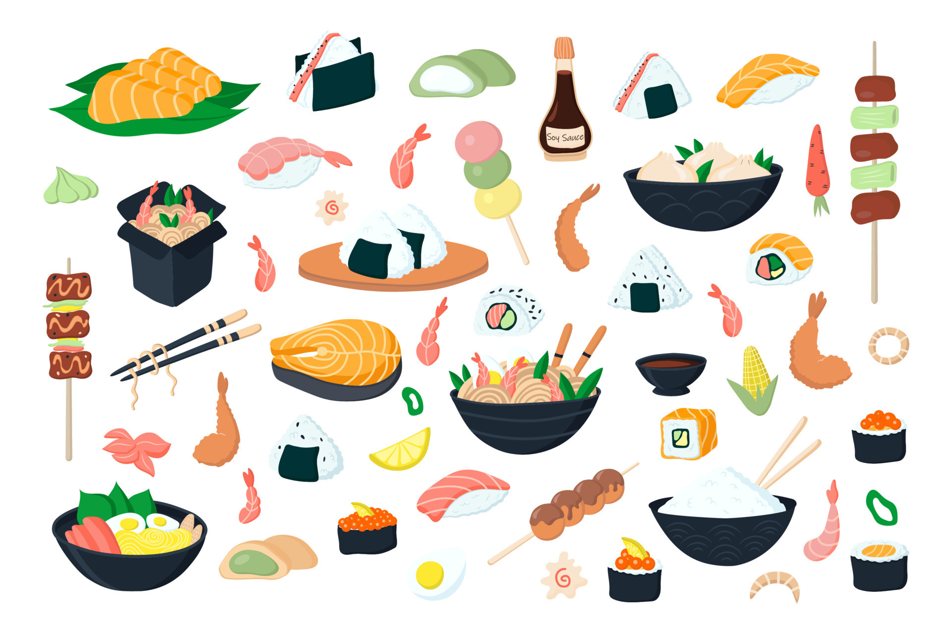 A large set of illustrations of Asian food. vector illustration ...