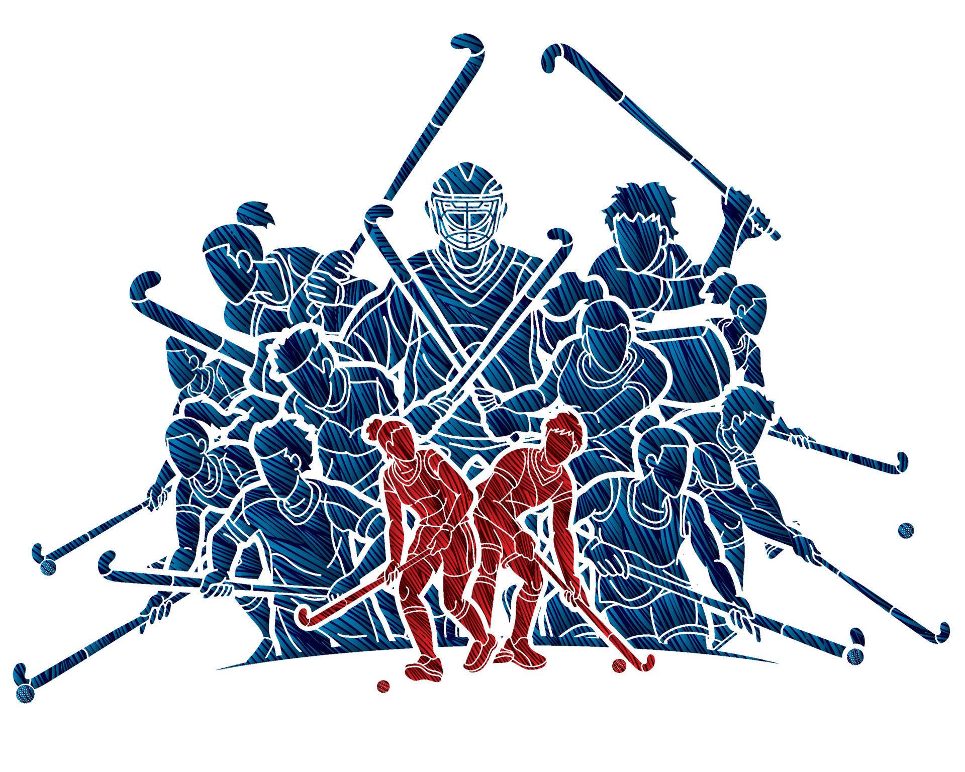 Silhouette Group Of Field Hockey Sport Team Male And Female Players Mix