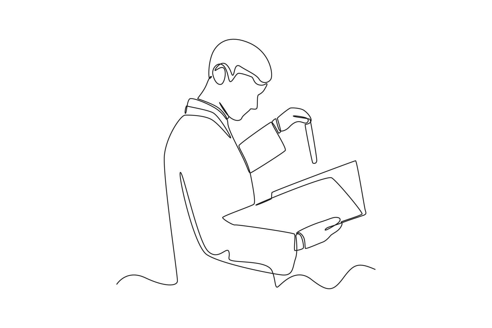 One continuous line drawing of boy student check the research results ...