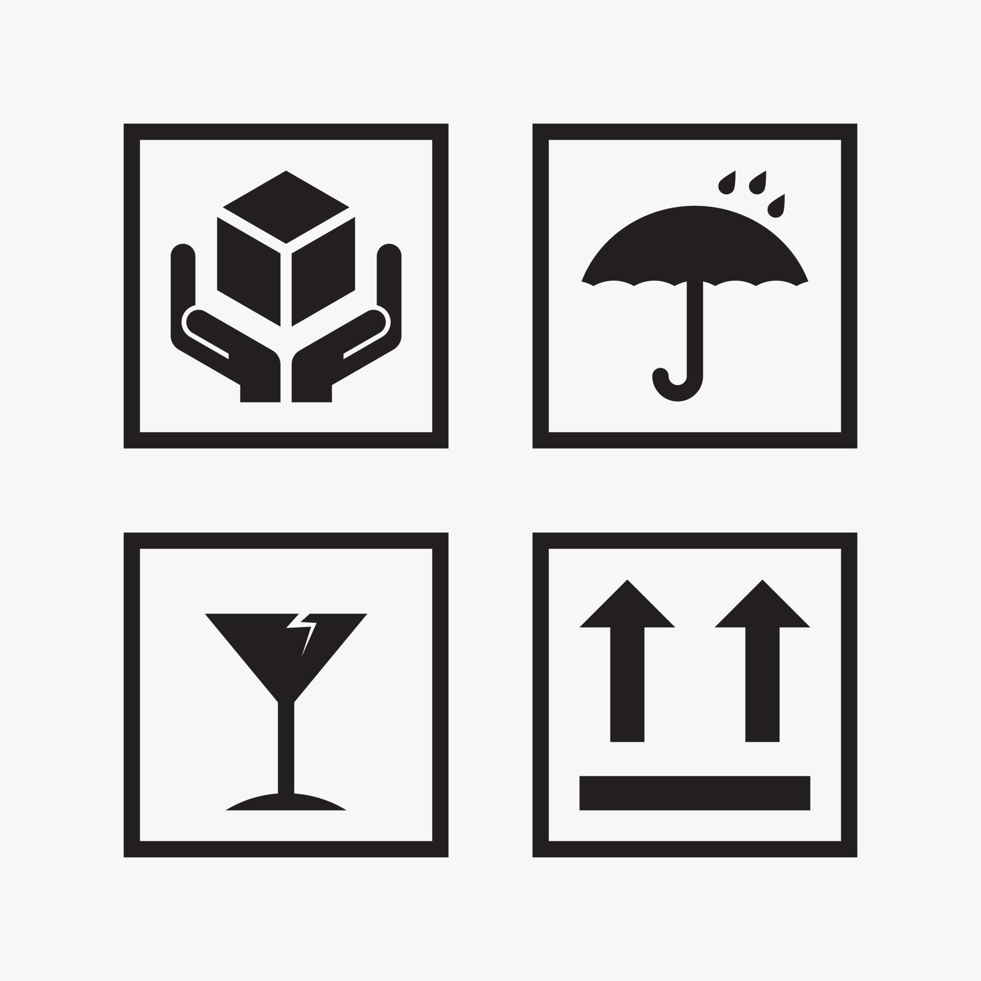 Set of packaging icons design vector graphic. This side up, keep dry, fragile, handle with care ...