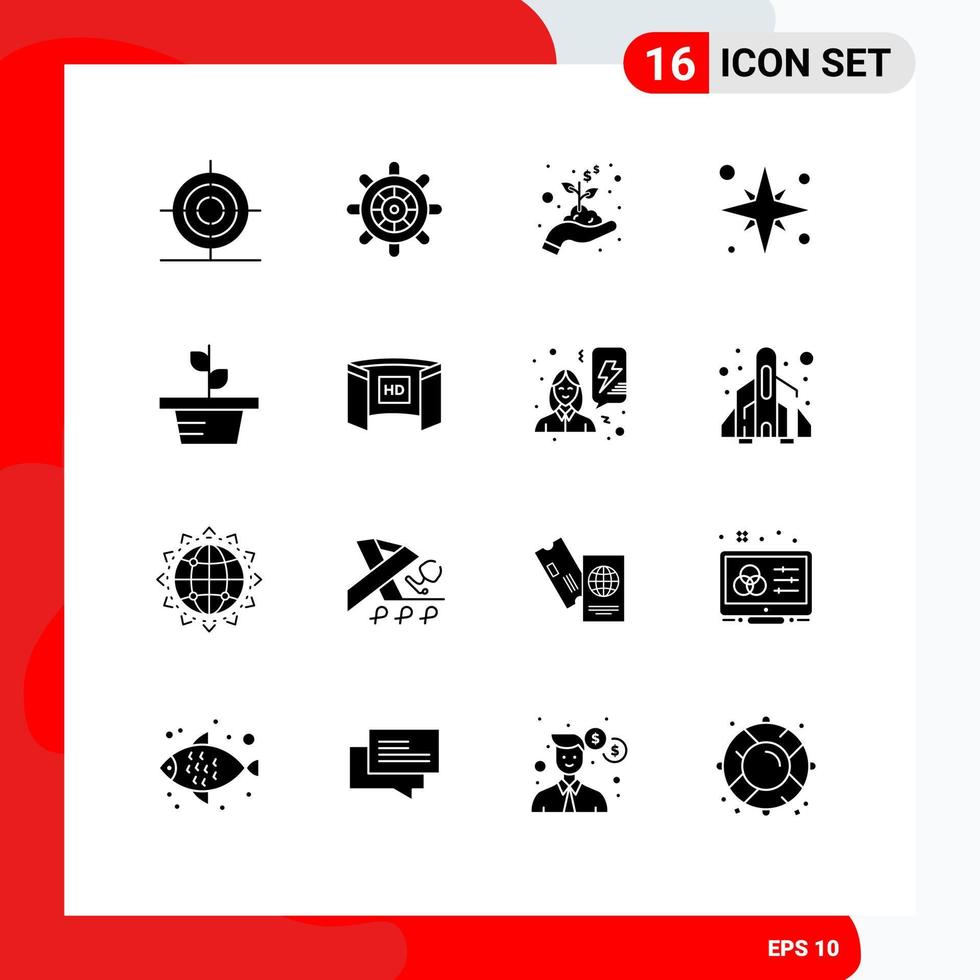 Set Of 16 Commercial Solid Glyphs Pack For Nature Growth Hand Vacation Sea Editable Vector