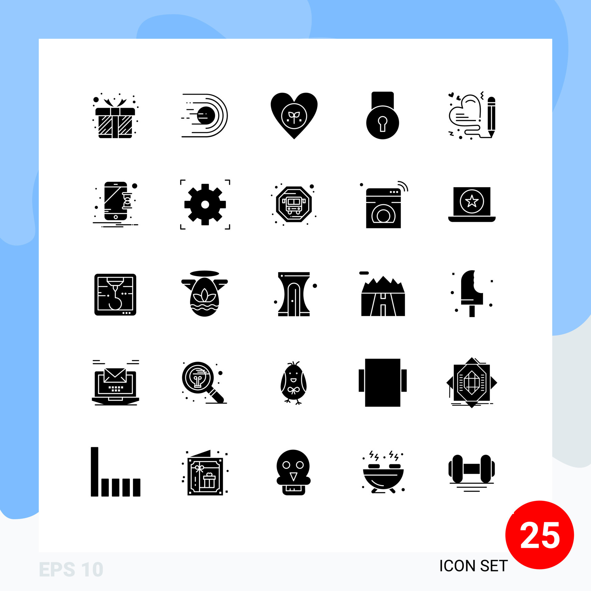 Set Of 25 Vector Solid Glyphs On Grid For Security Lock Pad Space Key