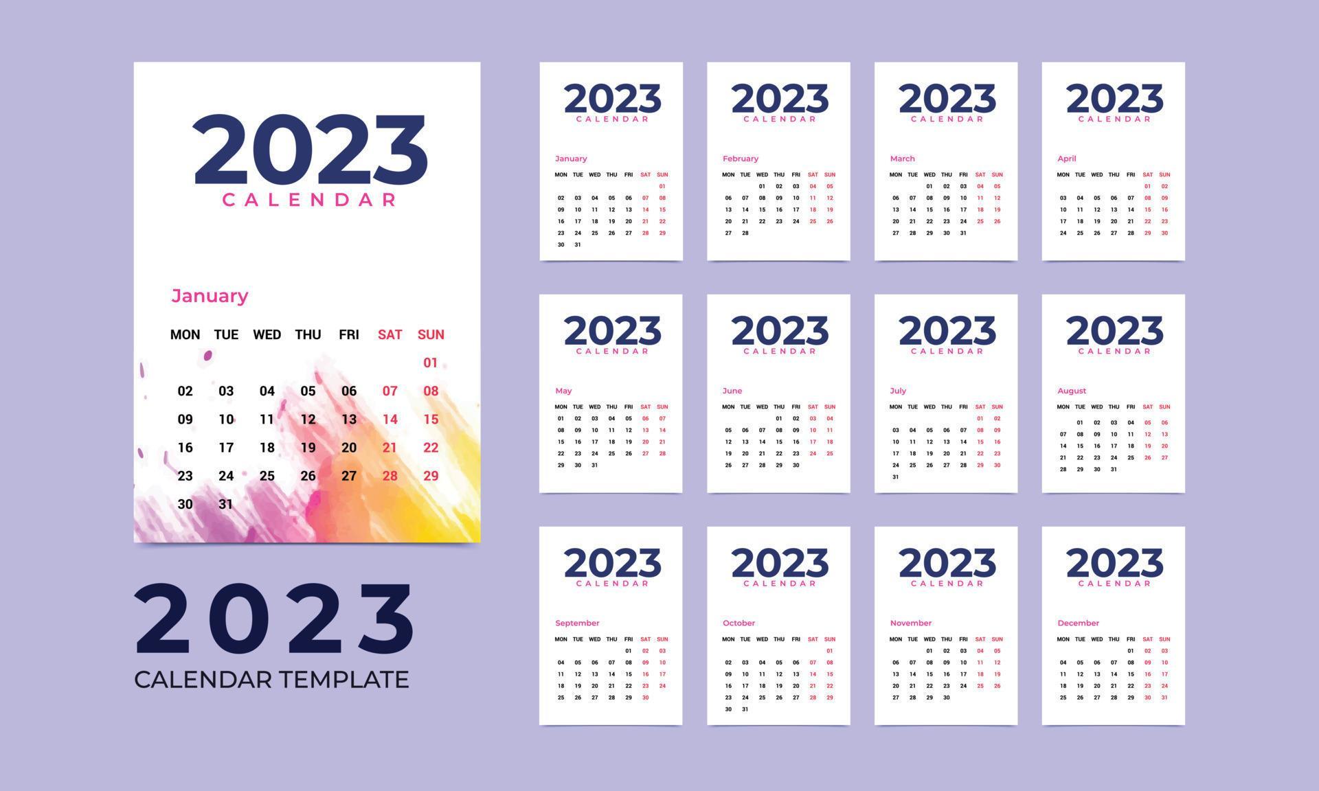 Monthly wall calendar template for 2023 year. Week starts from Sunday ... Monthly wall calendar template for 2023 year. Week starts from Sunday ...