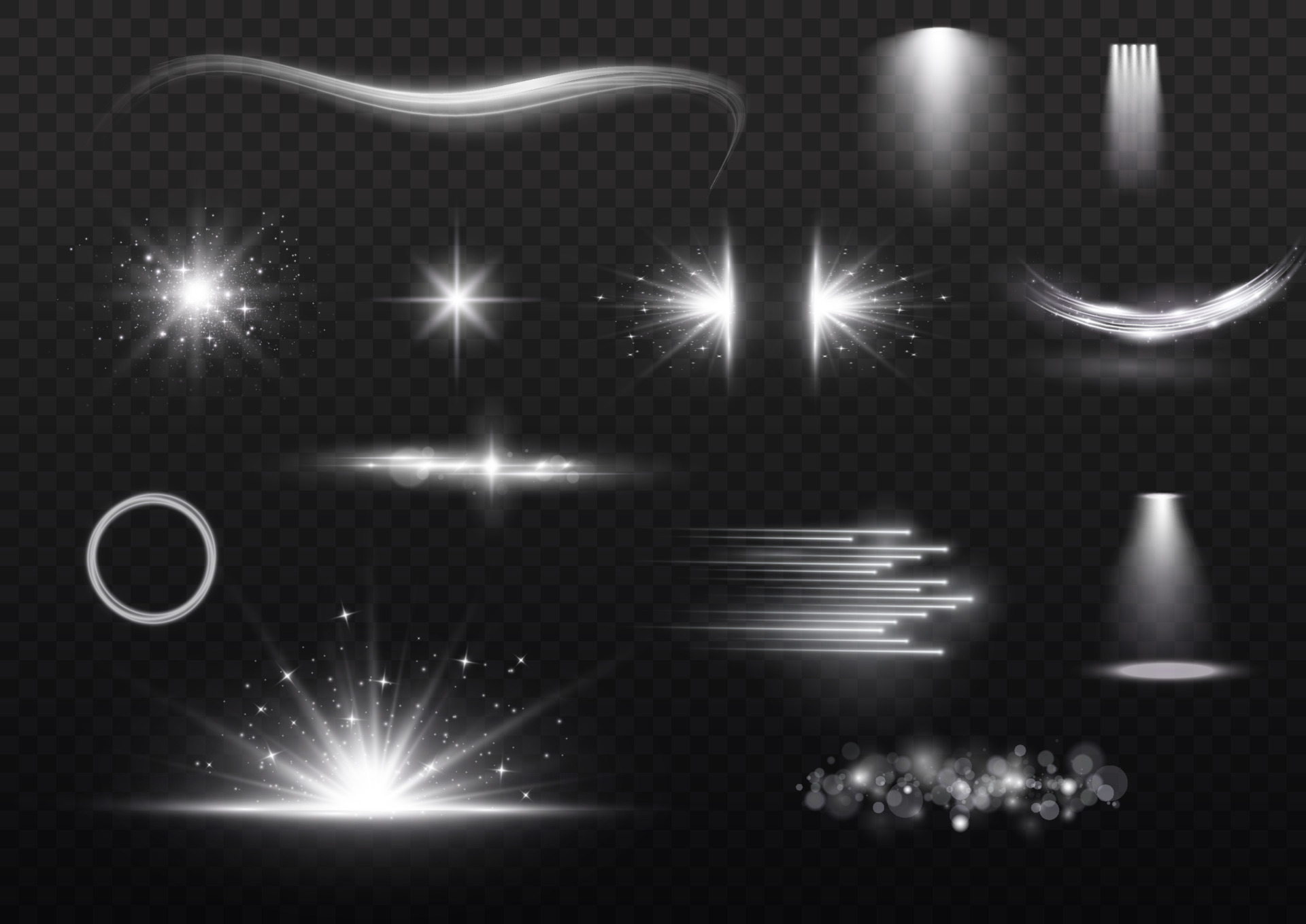 Light effect set. Glow isolated white light effect set. lens flare, explosion, glitter, dust ...