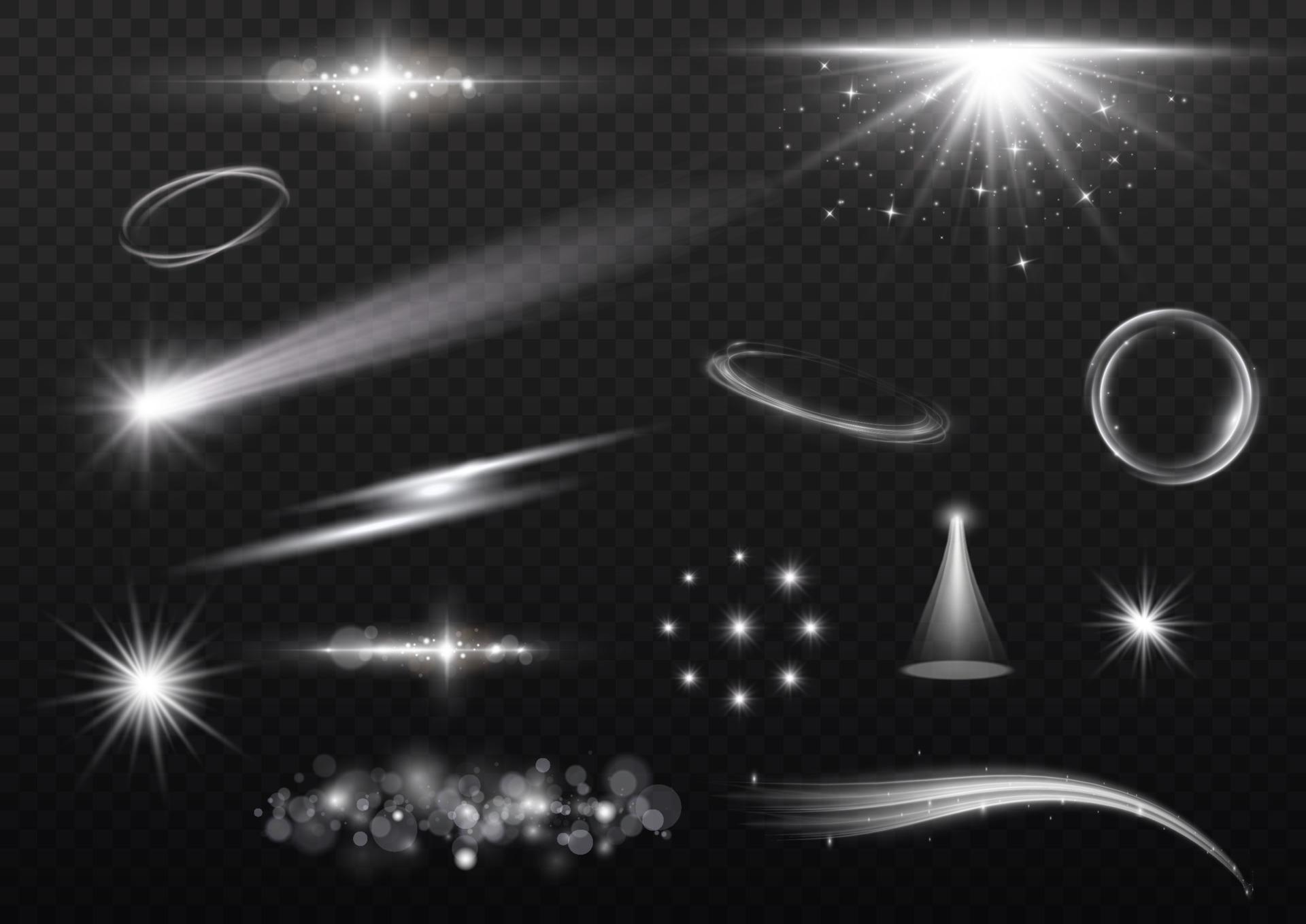 Sunlight, abstract special effect. Light effect set. Glow isolated white light effect set. lens ...