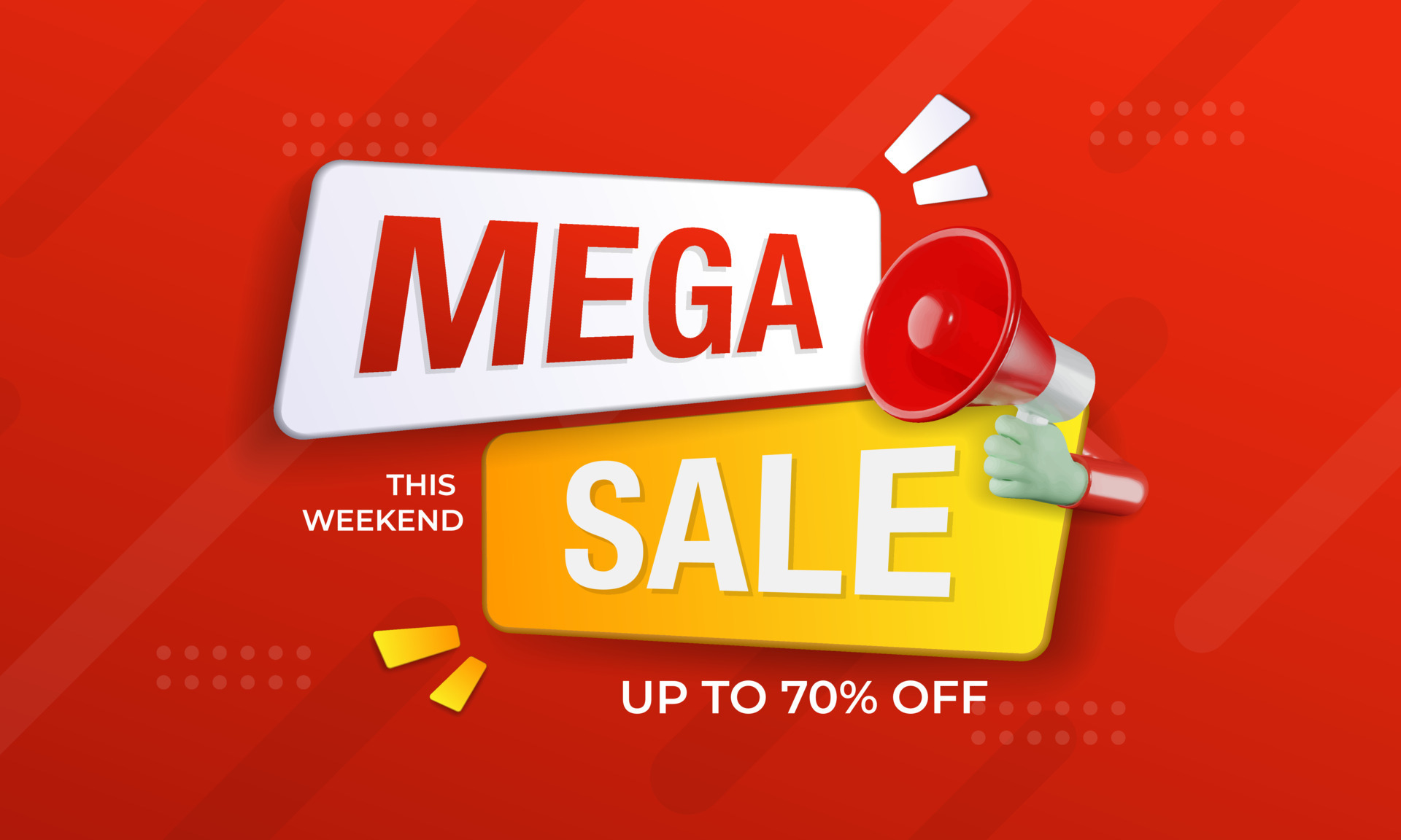 Mega sale banner promotion template with 3D megaphone on red background. Special deal label ...