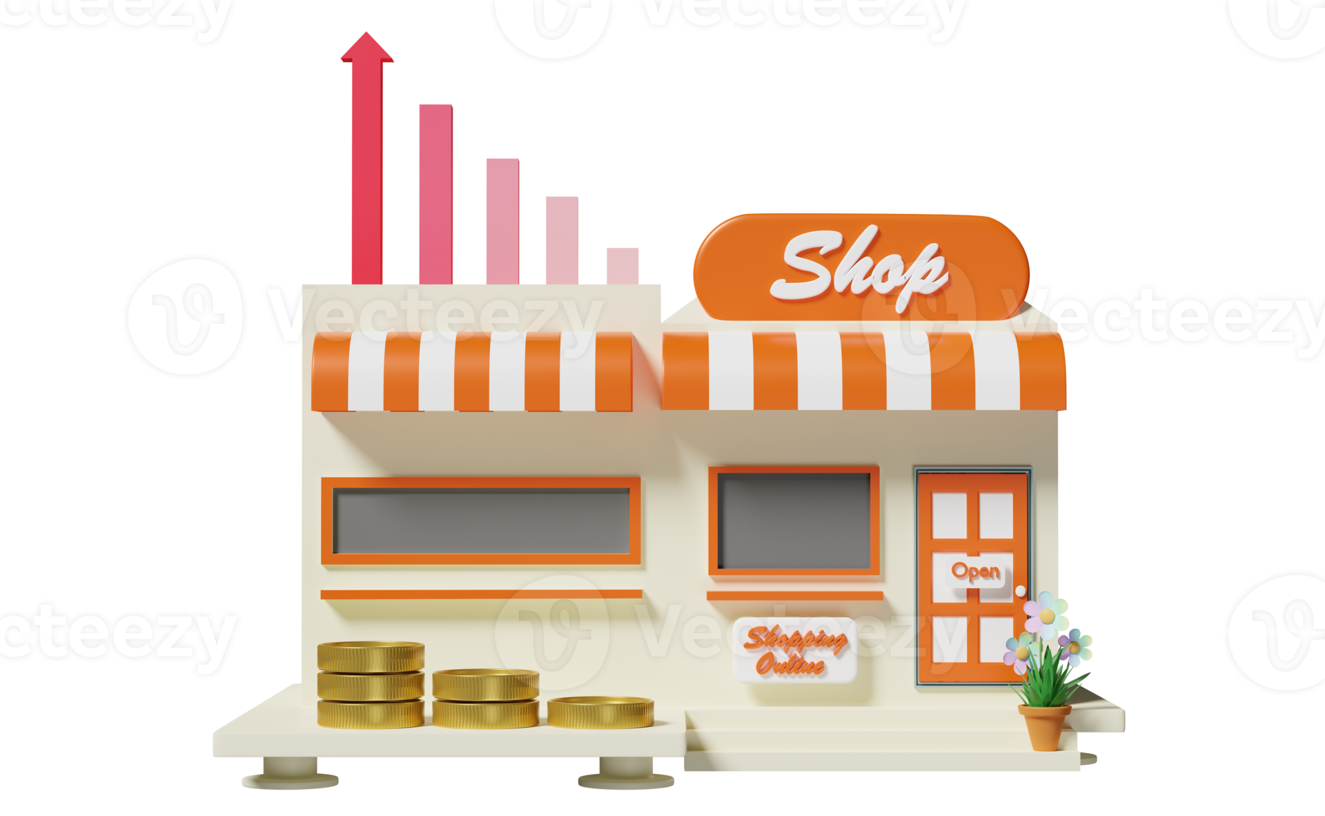 Building Shop Store Cafe With Arrow Bar Graph Coinsstore Front Sign Flowerpot Isolated