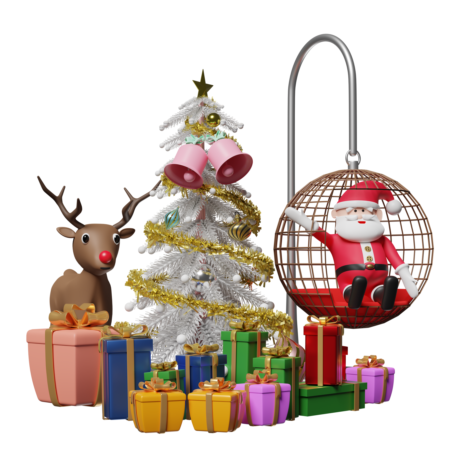 Santa Claus With Reindeer T Box Christmas Tree Hanging Chair Isolated Website Poster Or