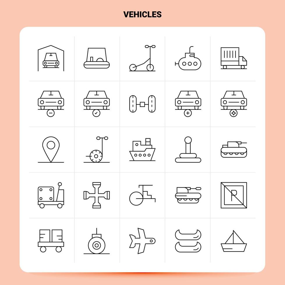 OutLine 25 Vehicles Icon set. Vector Line Style Design Black Icons Set. Linear pictogram pack ...