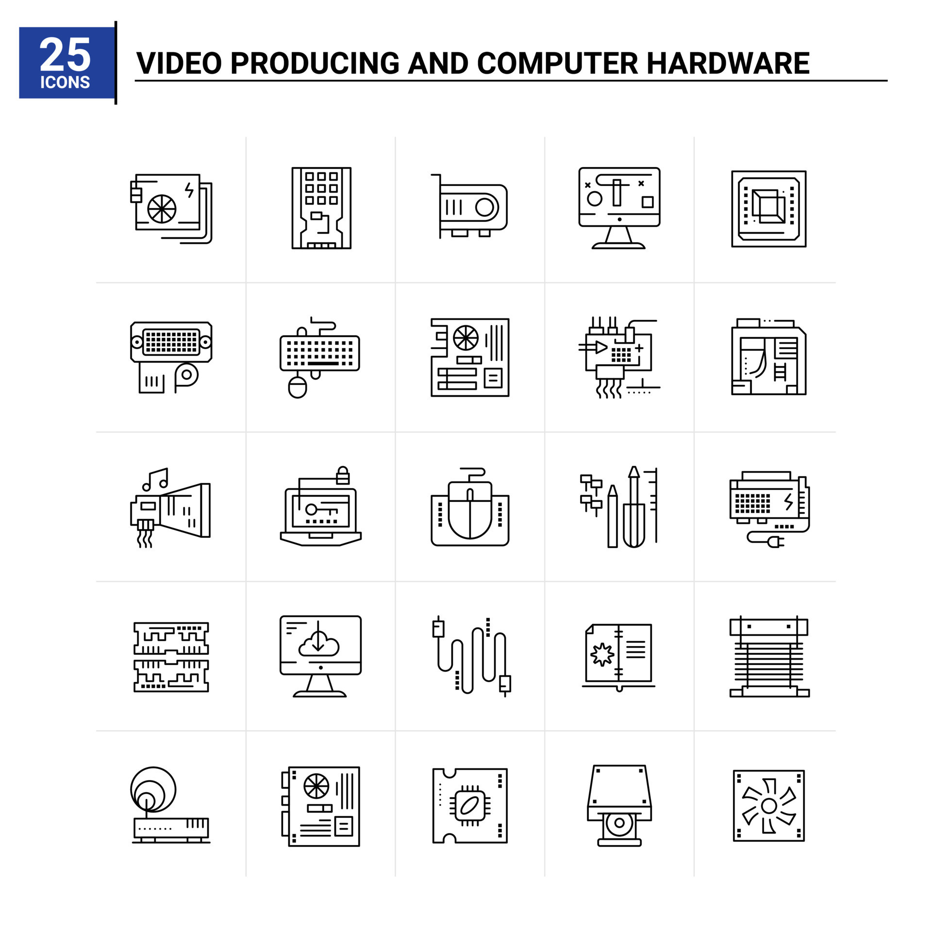 25 conjunto de iconos de hardware de computadora y producción de video ... 25 conjunto de iconos de hardware de computadora y producción de video ...
