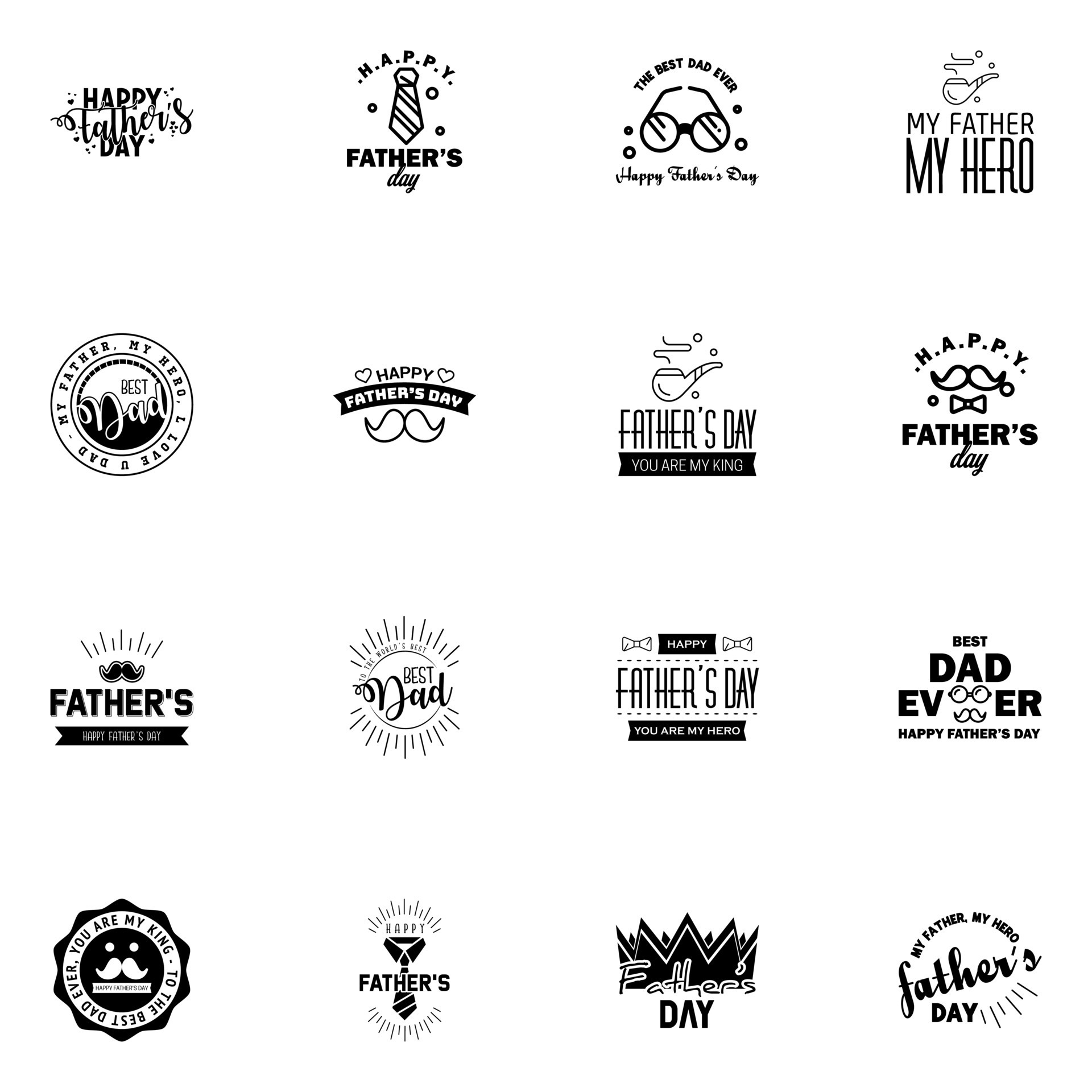 Happy Fathers Day Set 16 Black Vector Typography Vintage Lettering For Fathers Day Greeting