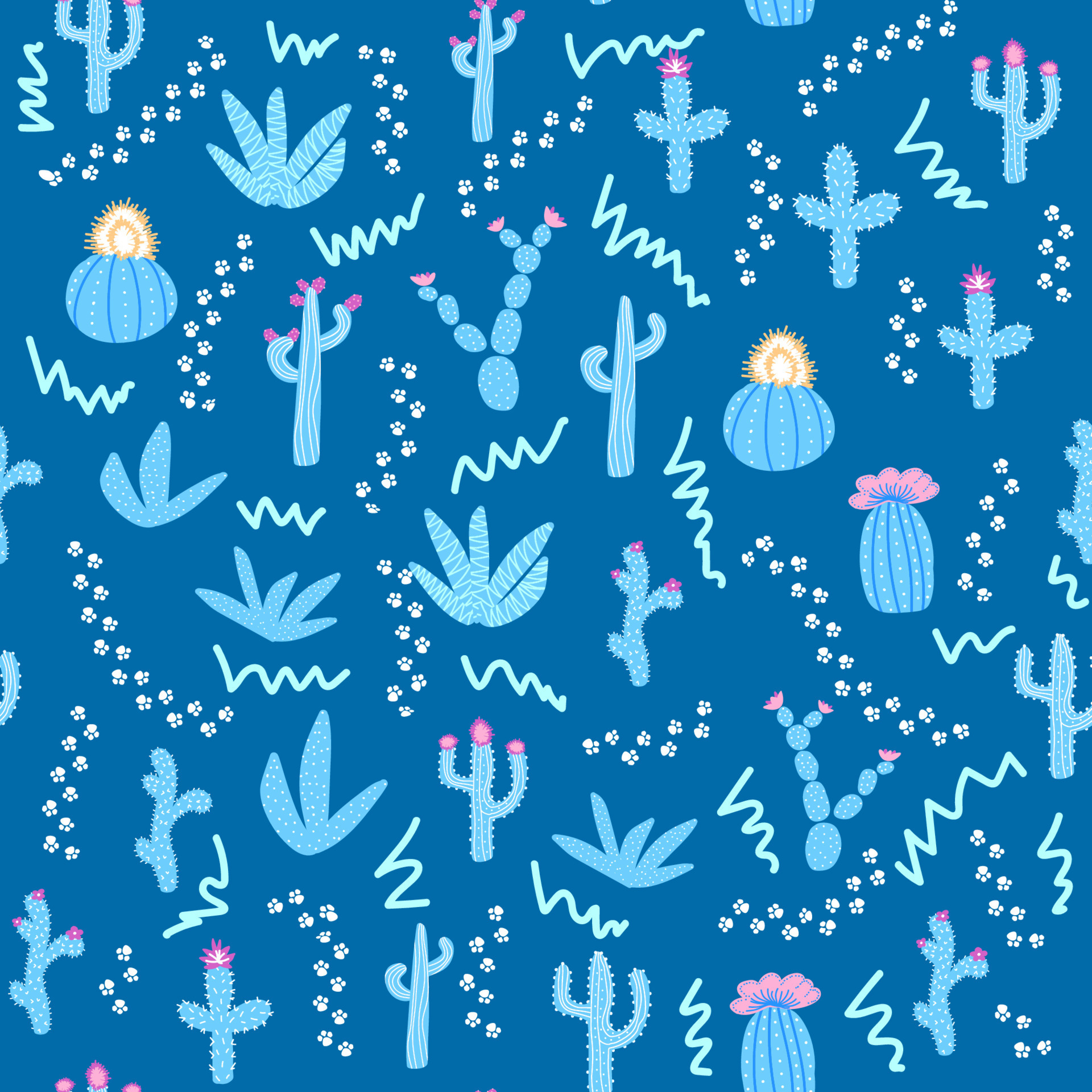 Seamless patterns with different cacti. Bright repeating texture with blue cacti. Background ...