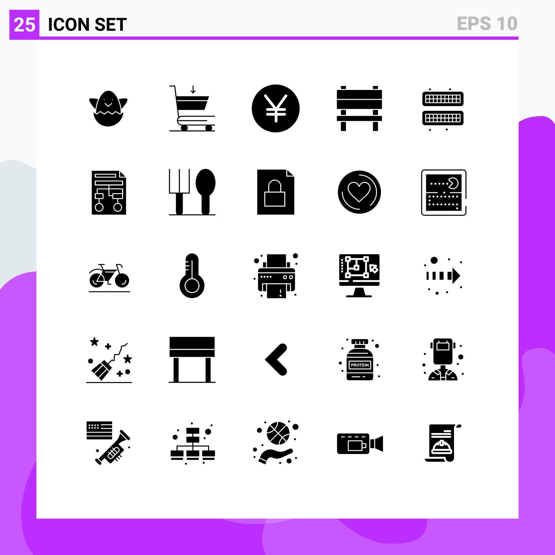 Pictogram Set of 25 Simple Solid Glyphs of graph ice yuan cube interior Editable Vector Design ...