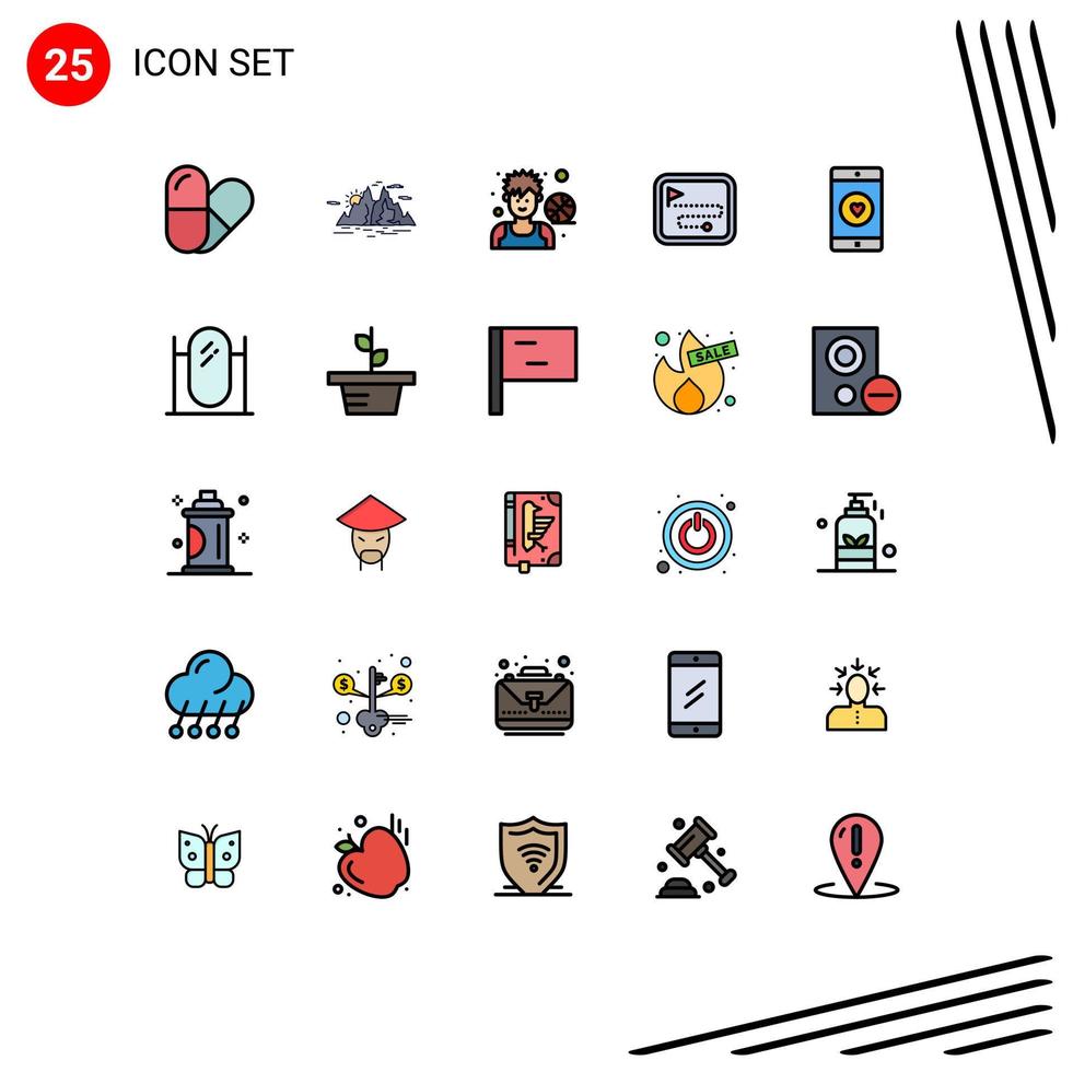 25 Universal Filled Line Flat Color Signs Symbols Of Mobile Flag Avatar Direction Route Map