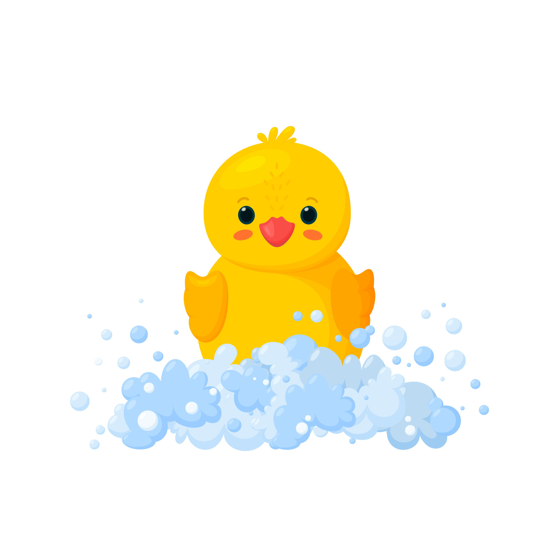 Rubber duck in soap foam with bubbles isolated in white background. Front view of yellow plastic ...