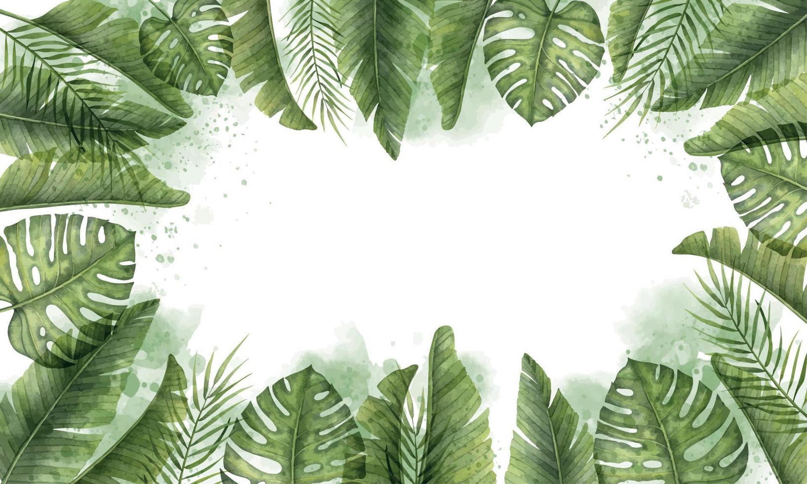 Frame With Tropical Exotic Green Palm Leaves Hand Drawn Watercolor