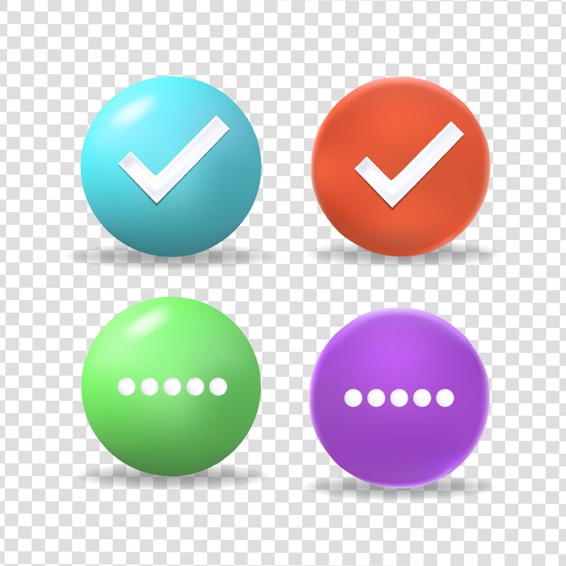 3D Buttons a set of glossy round icons with check marks, 3d minimalist style. Acceptance symbol ...