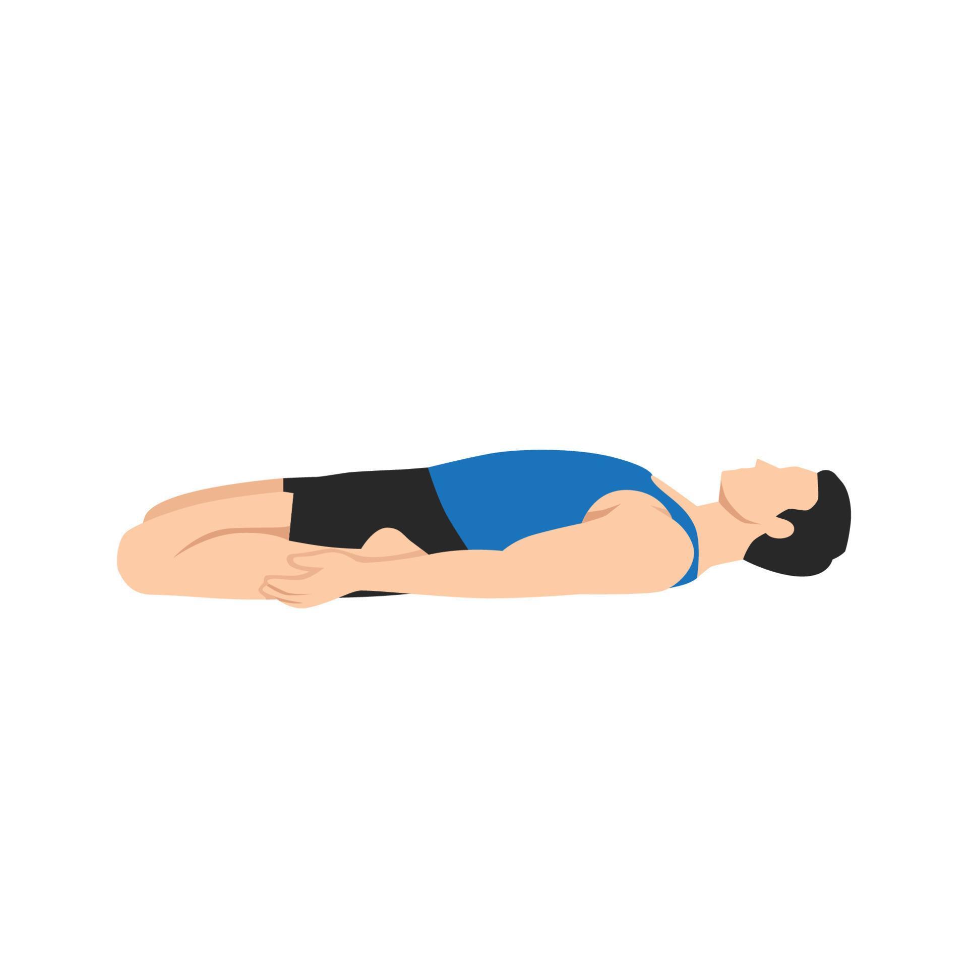 Man doing yoga, lying in Reclining Hero exercise, Supta Virasana pose, working out. Flat vector ...