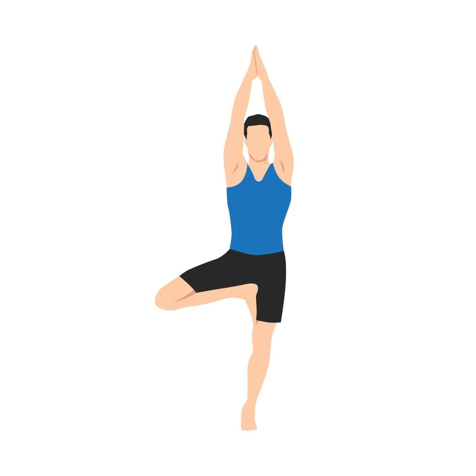 Man Doing Tree Pose Vrksasana Exercise Flat Vector Illustration Isolated On White Background