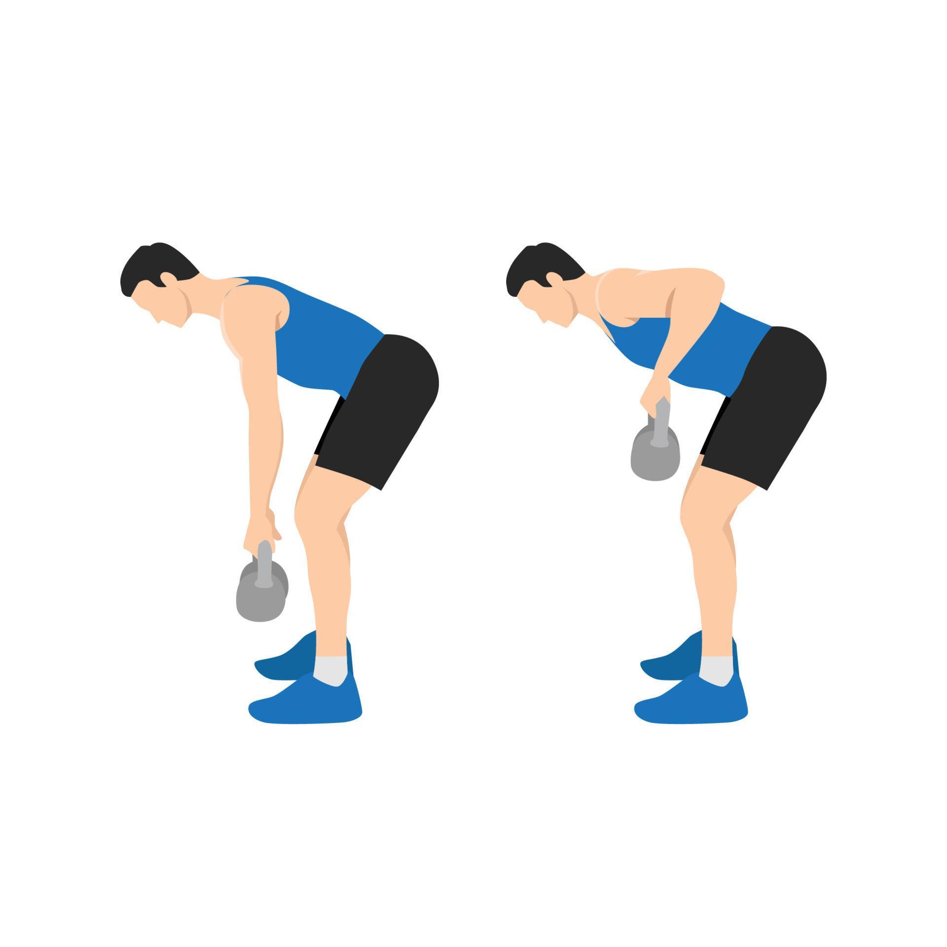 Man Doing Two Arm Kettlebell Row Exercise Flat Vector Illustration Isolated On White Background