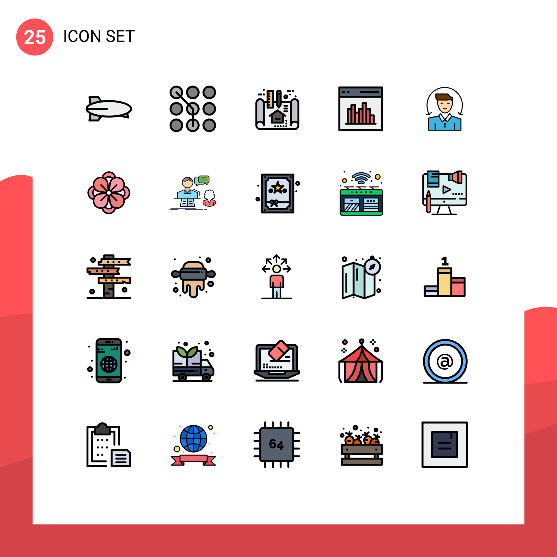 25 Universal Filled Line Flat Color Signs Symbols Of User Communication Security Coding Scheme