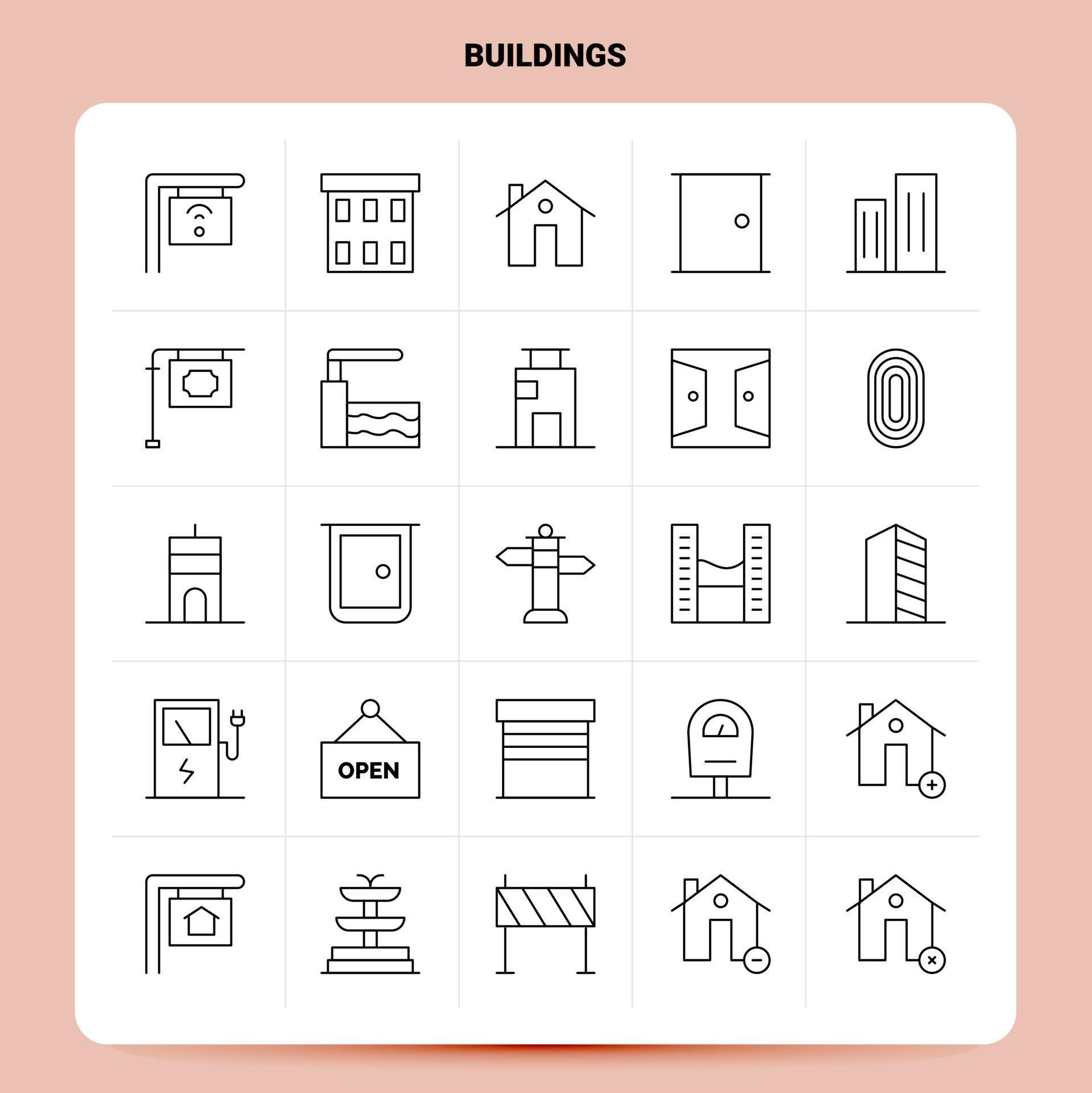 Outline 25 Buildings Icon Set Vector Line Style Design Black Icons Set Linear Pictogram Pack Web