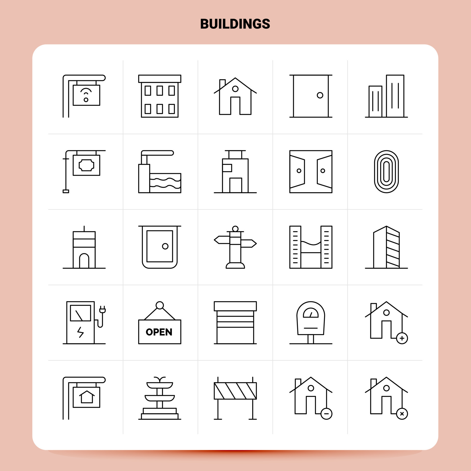 Outline 25 Buildings Icon Set Vector Line Style Design Black Icons Set