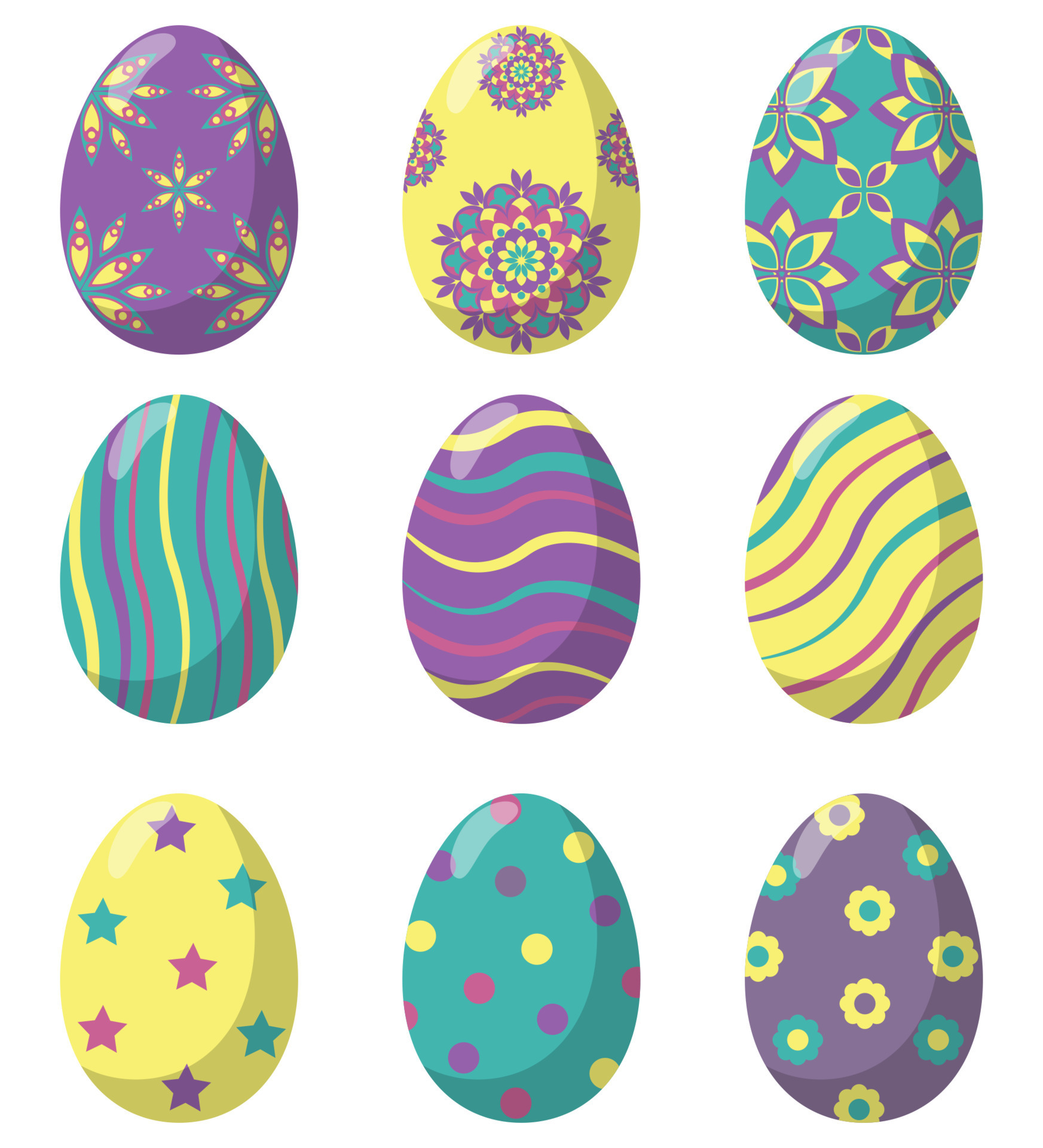 Easter eggs decorated with various simple and complex patterns, set ...