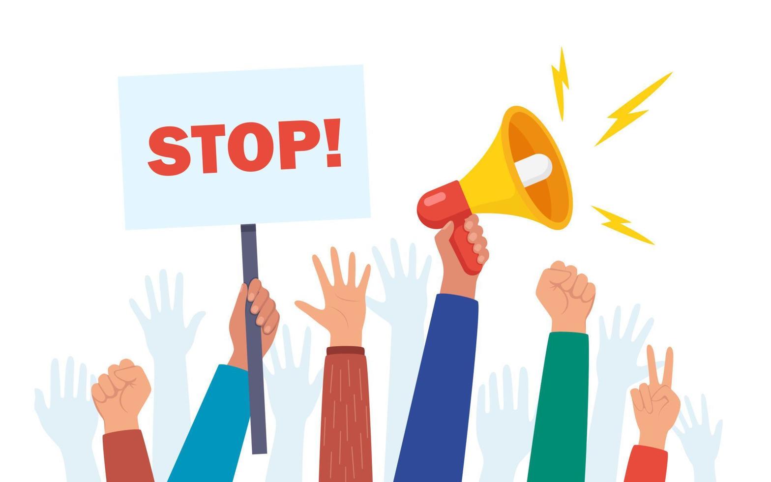 Protesters Hands Holding Protest Signs Crowd Of Angry People Vector