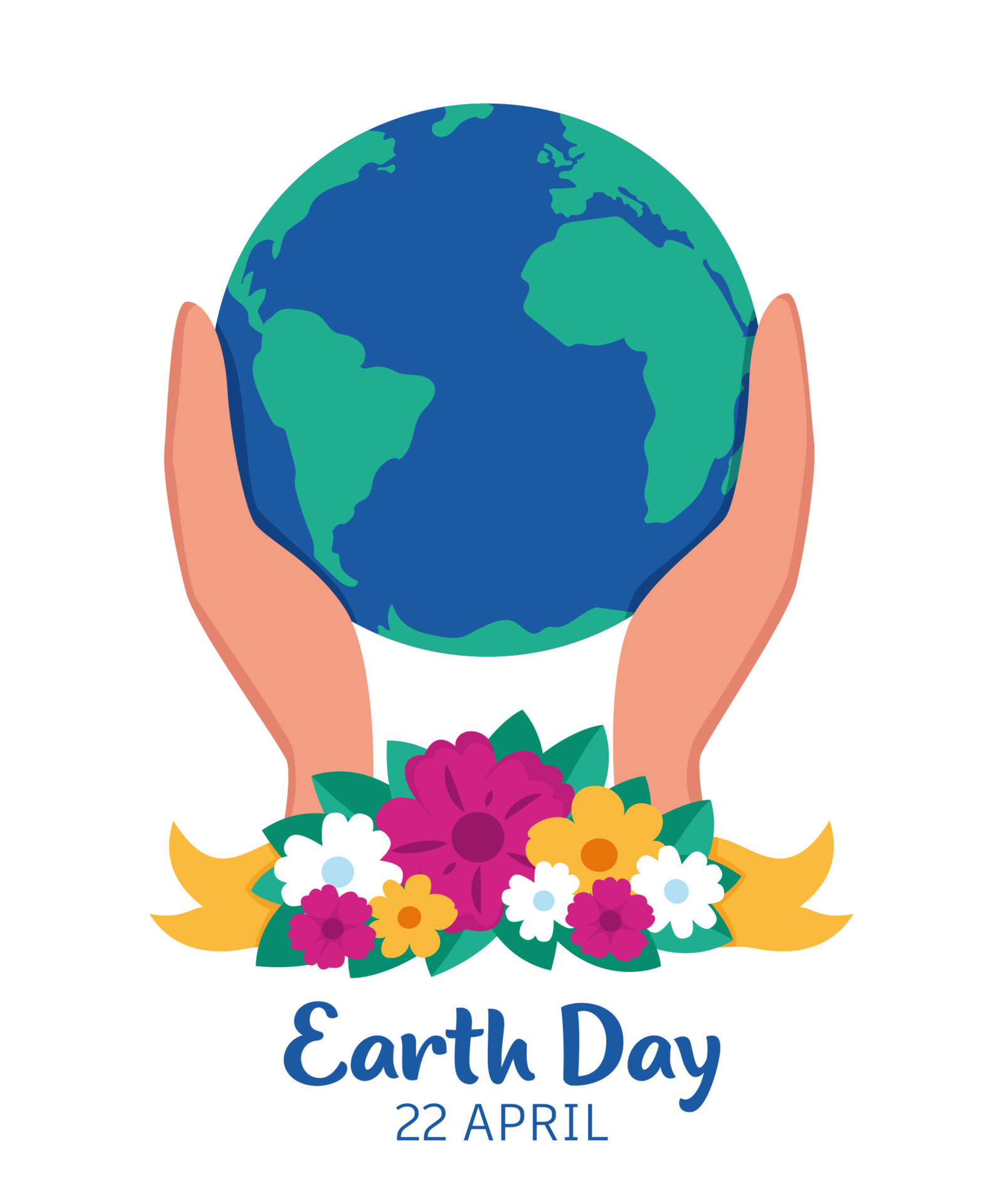 Happy Earth Day card. Earth planet with flowers. Planet Earth in caring ...