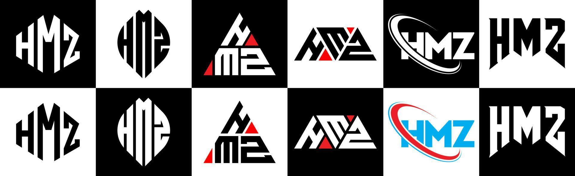 diseño de logotipo de letra hmz en seis estilos. polígono hmz, círculo, triángulo, hexágono ...
