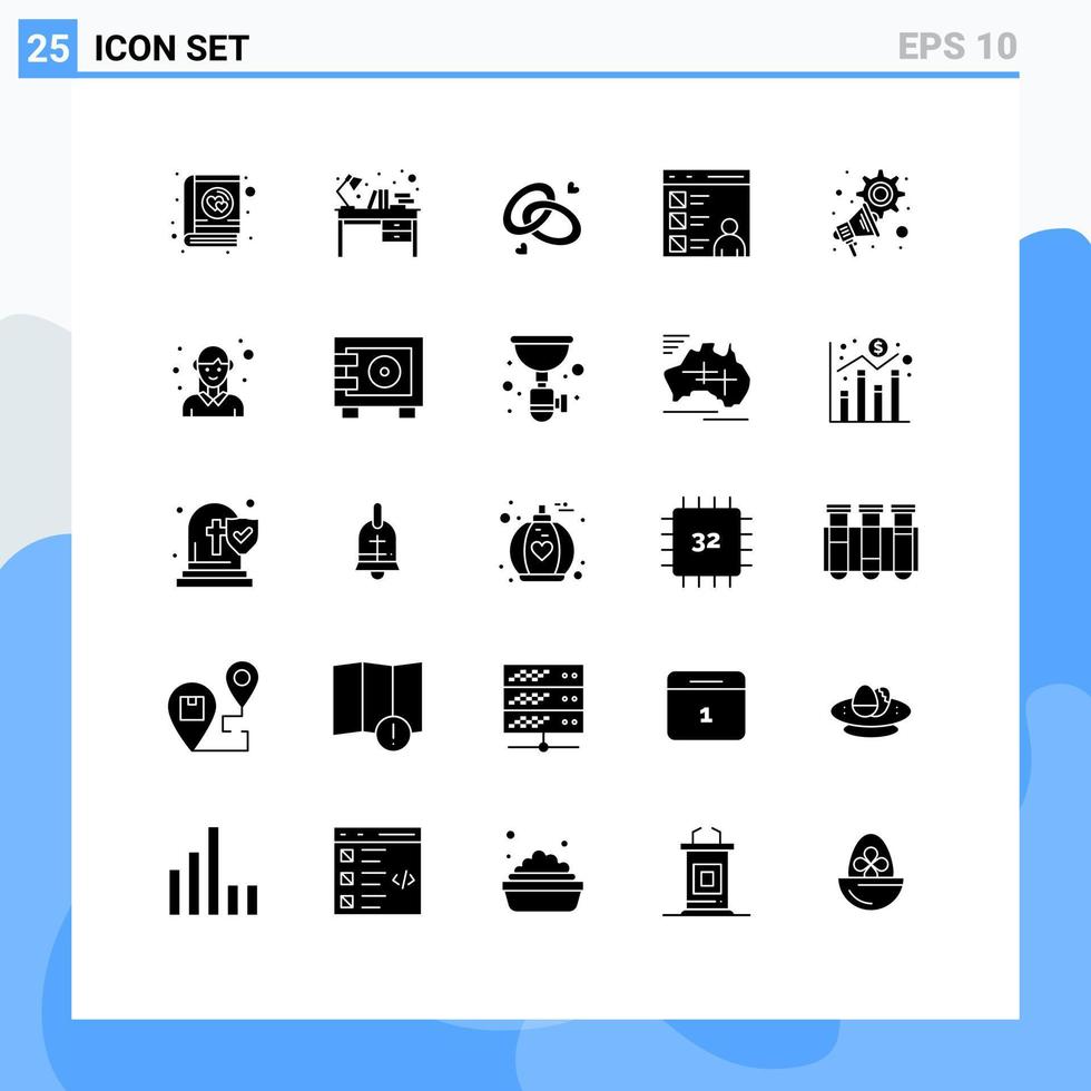 Pictogram Set of 25 Simple Solid Glyphs of develop browser study table app engagment ring ...