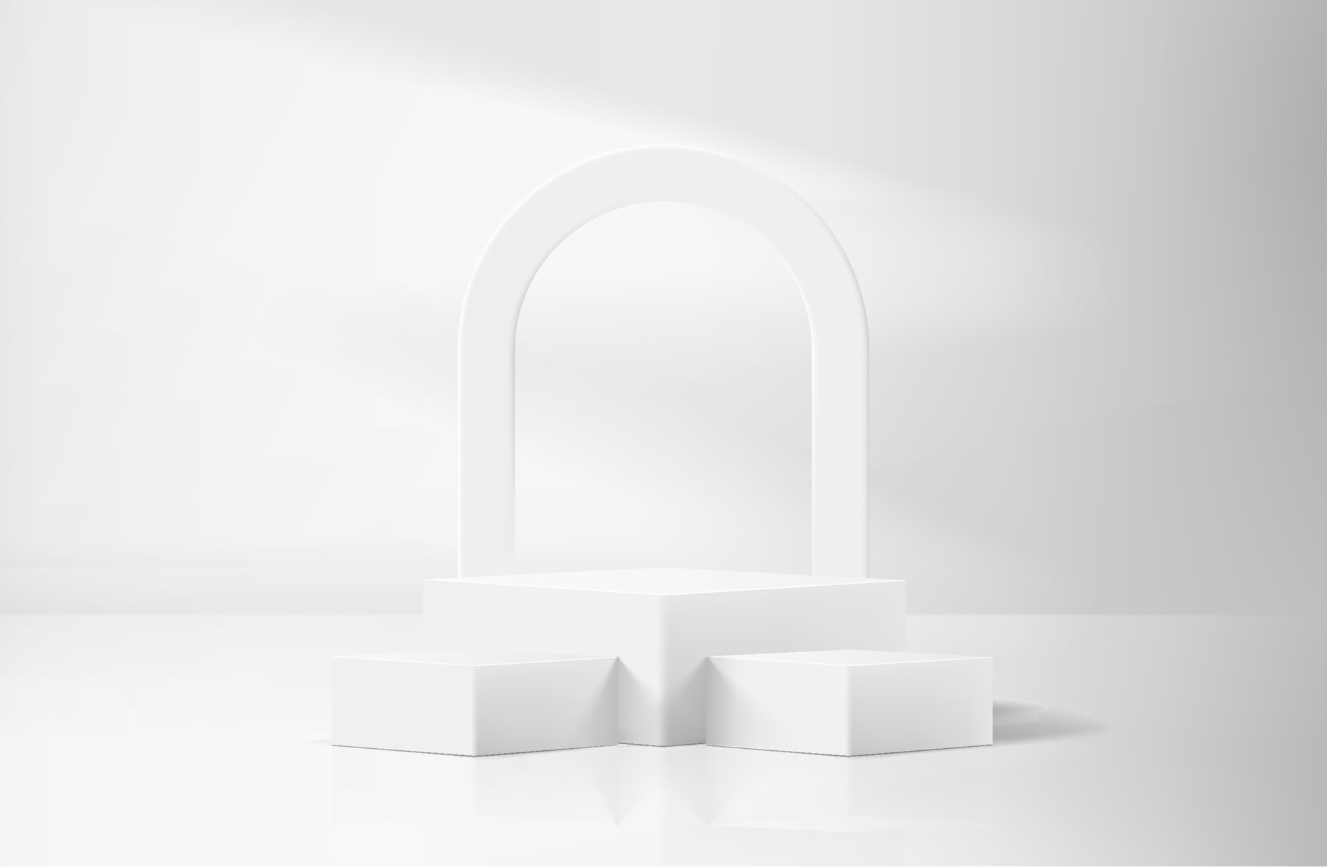 Abstract White Realistic 3d Corner Cube Pedestal Podium With Arch Shape Backdrop And Shadow