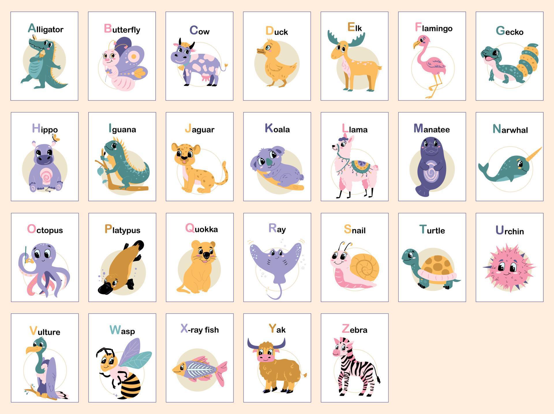 Childish animal alphabet from A to Z. Educational material for kids ...