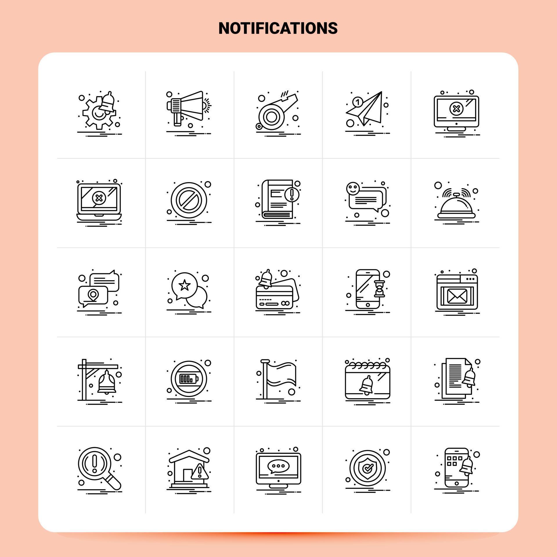 Outline 25 Notifications Icon Set Vector Line Style Design Black Icons Set Linear Pictogram Pack