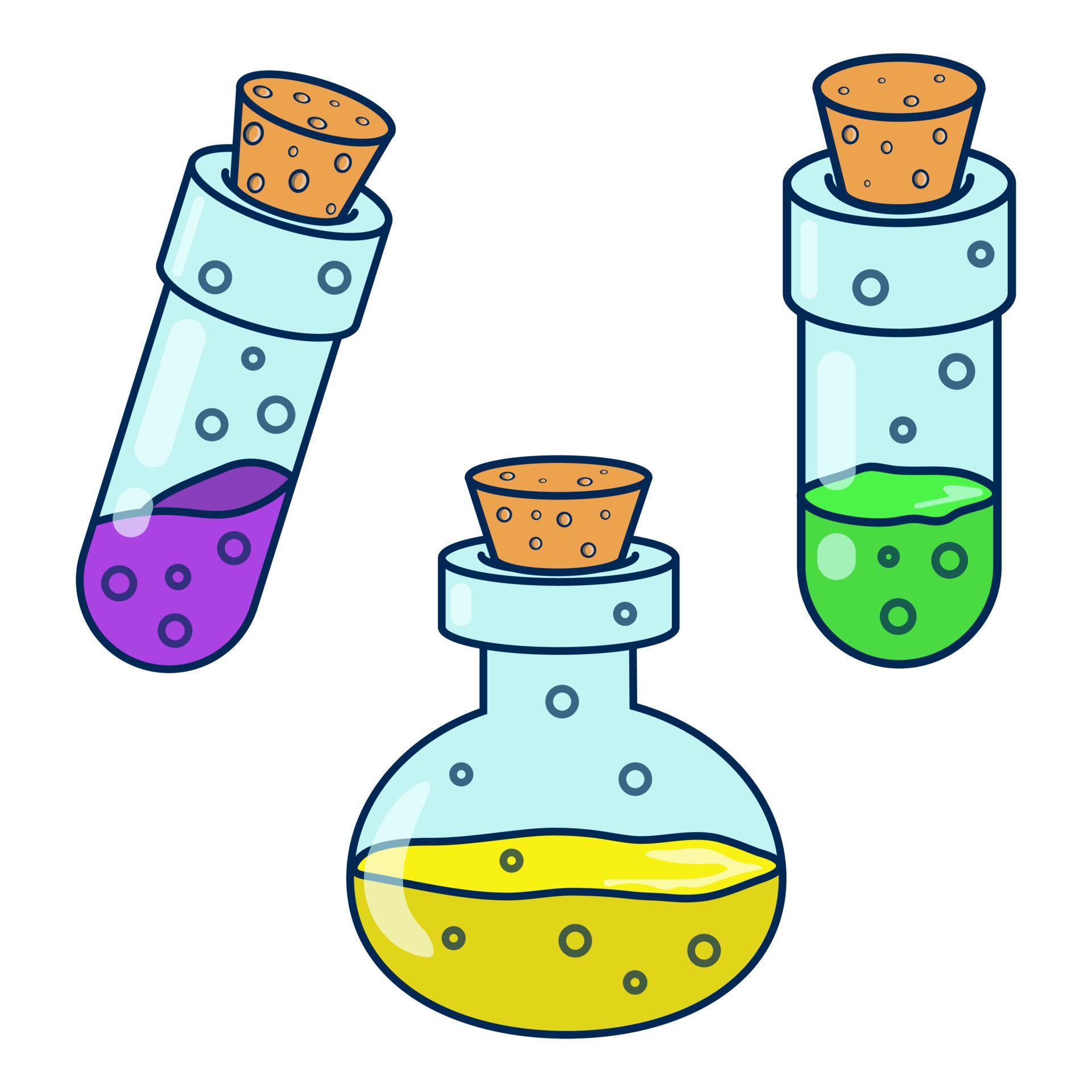 Set of isolated simple vector illustrations of different shape colorful potion glass bottles ...