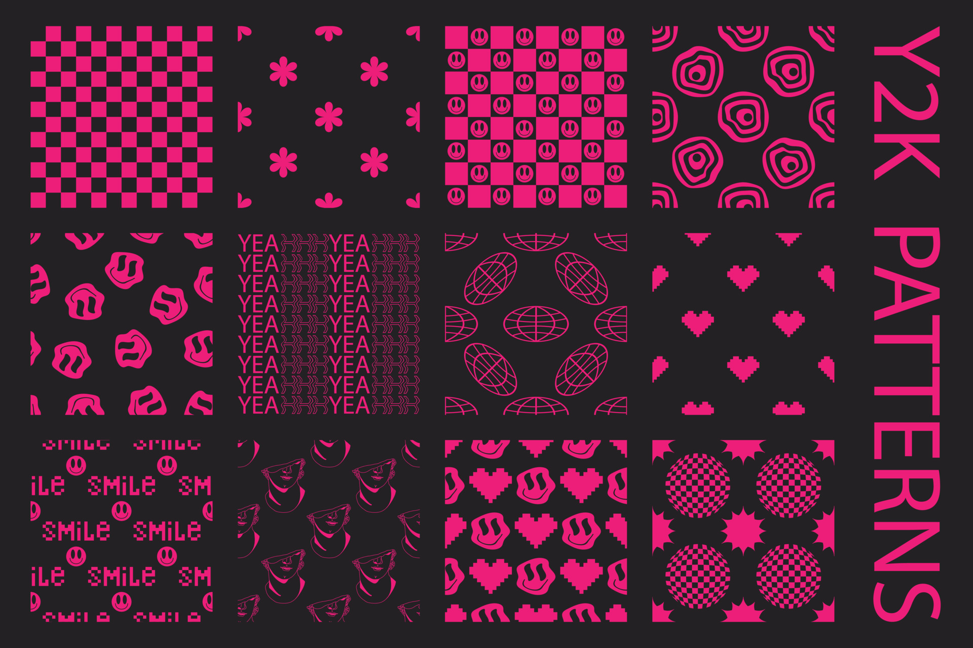 Psychedelic acid Y2K seamless pattern set. Trippy background with smile sticker in trendy 90s ...