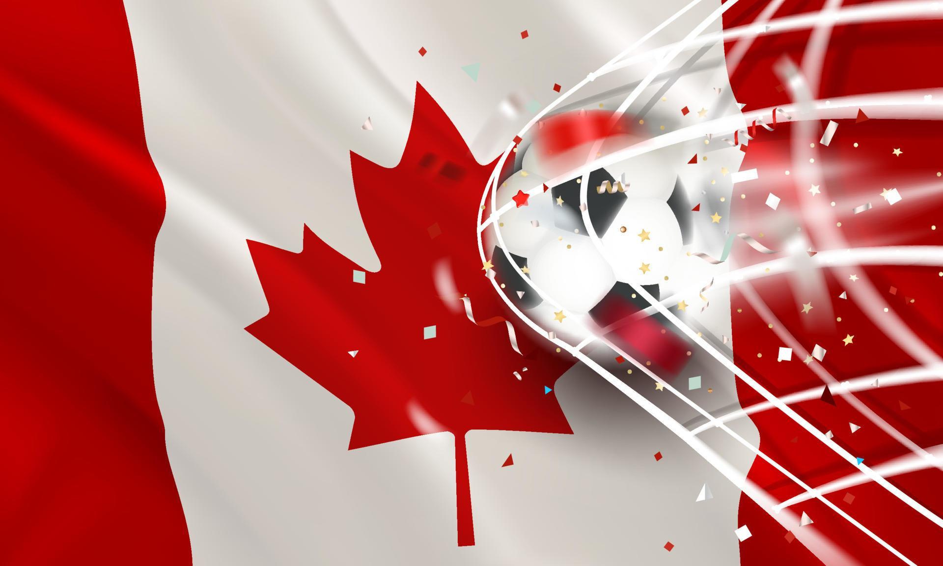 The ball in the soccer net. Goal vector concept with flag of Canada. 3d vector banner with blur ...