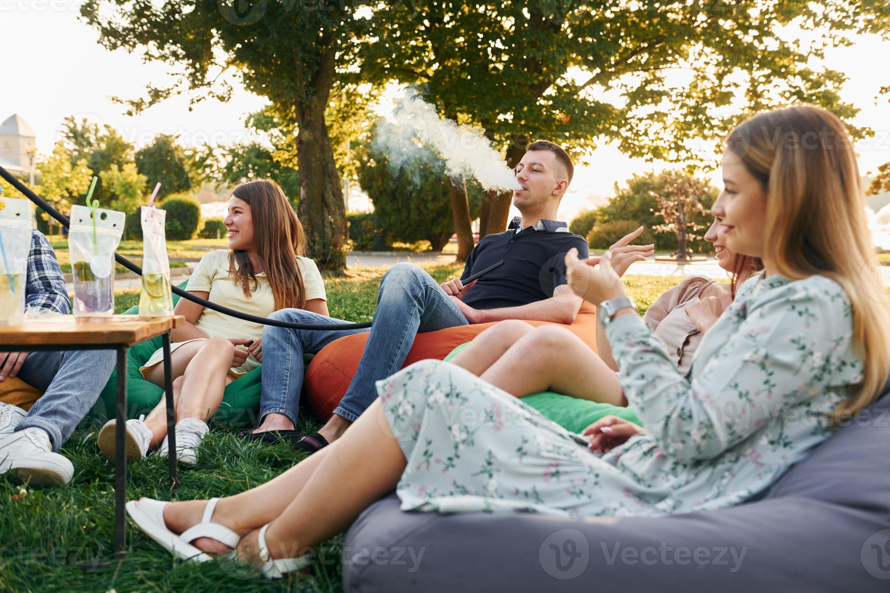 Talking with each other. Group of young people have a party in the park at summer daytime ...