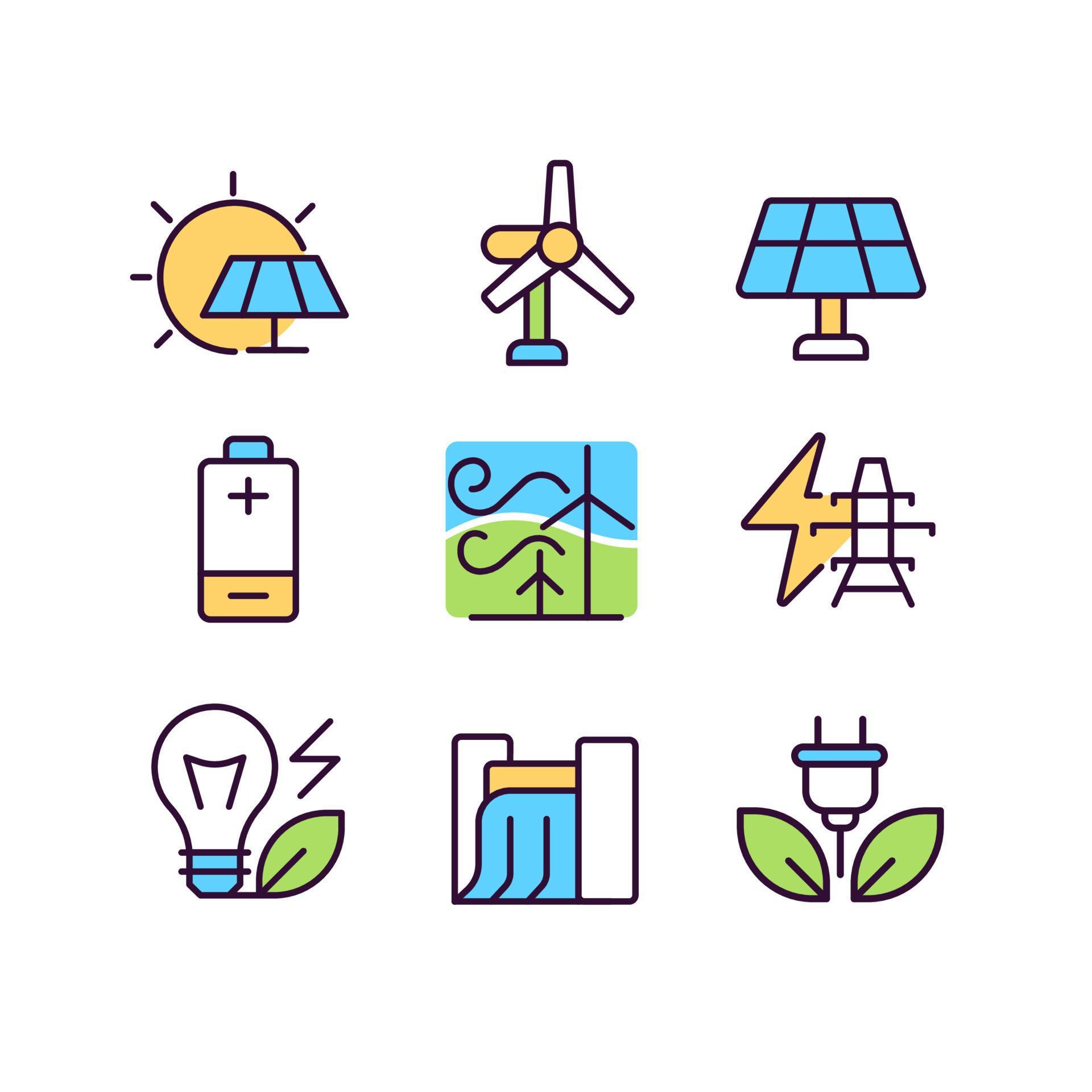 Sustainable power sources pixel perfect RGB color icons set. Energy ... Sustainable power sources pixel perfect RGB color icons set. Energy ...