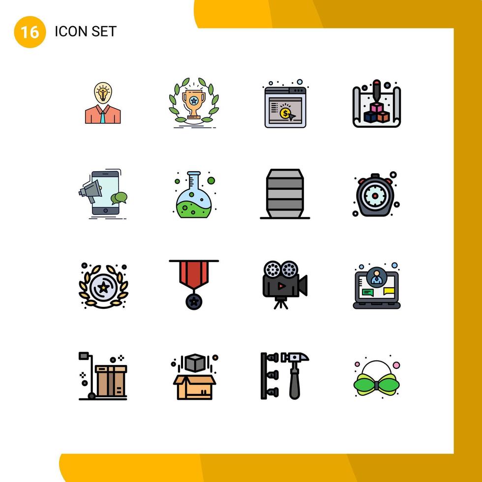 Set Of 16 Vector Flat Color Filled Lines On Grid For Web Blueprint Reward Blue Browser Editable