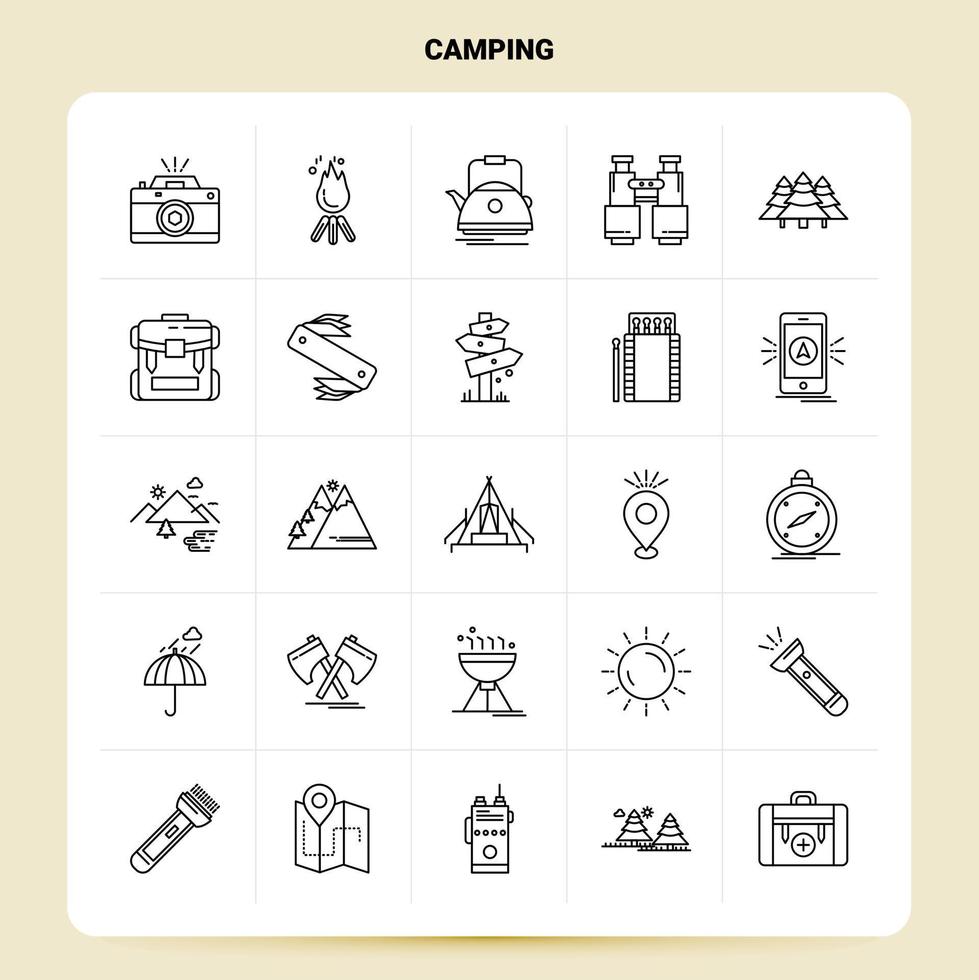 Outline 25 Camping Icon Set Vector Line Style Design Black Icons Set Linear Pictogram Pack Web