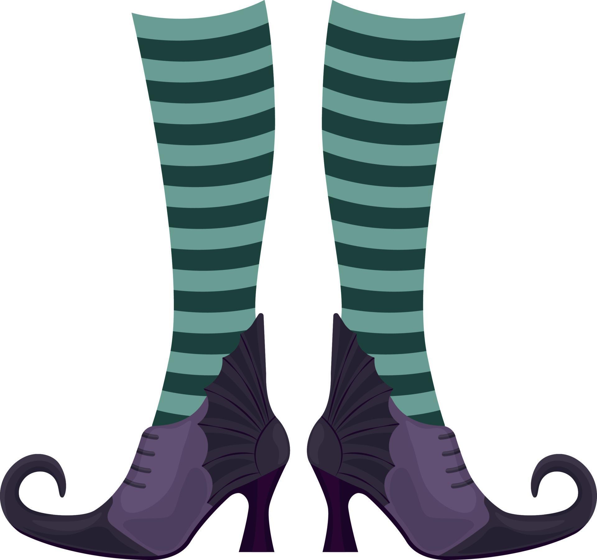 Witch boots of lilac color with pointed noses in striped socks. The ...