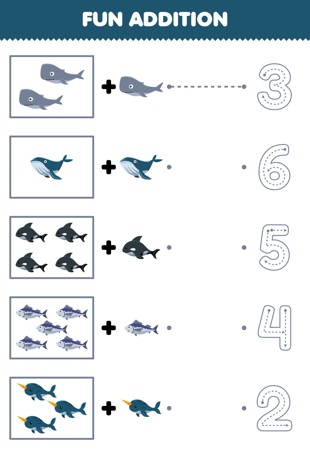 Education game for children fun counting and add one more cartoon whale ...