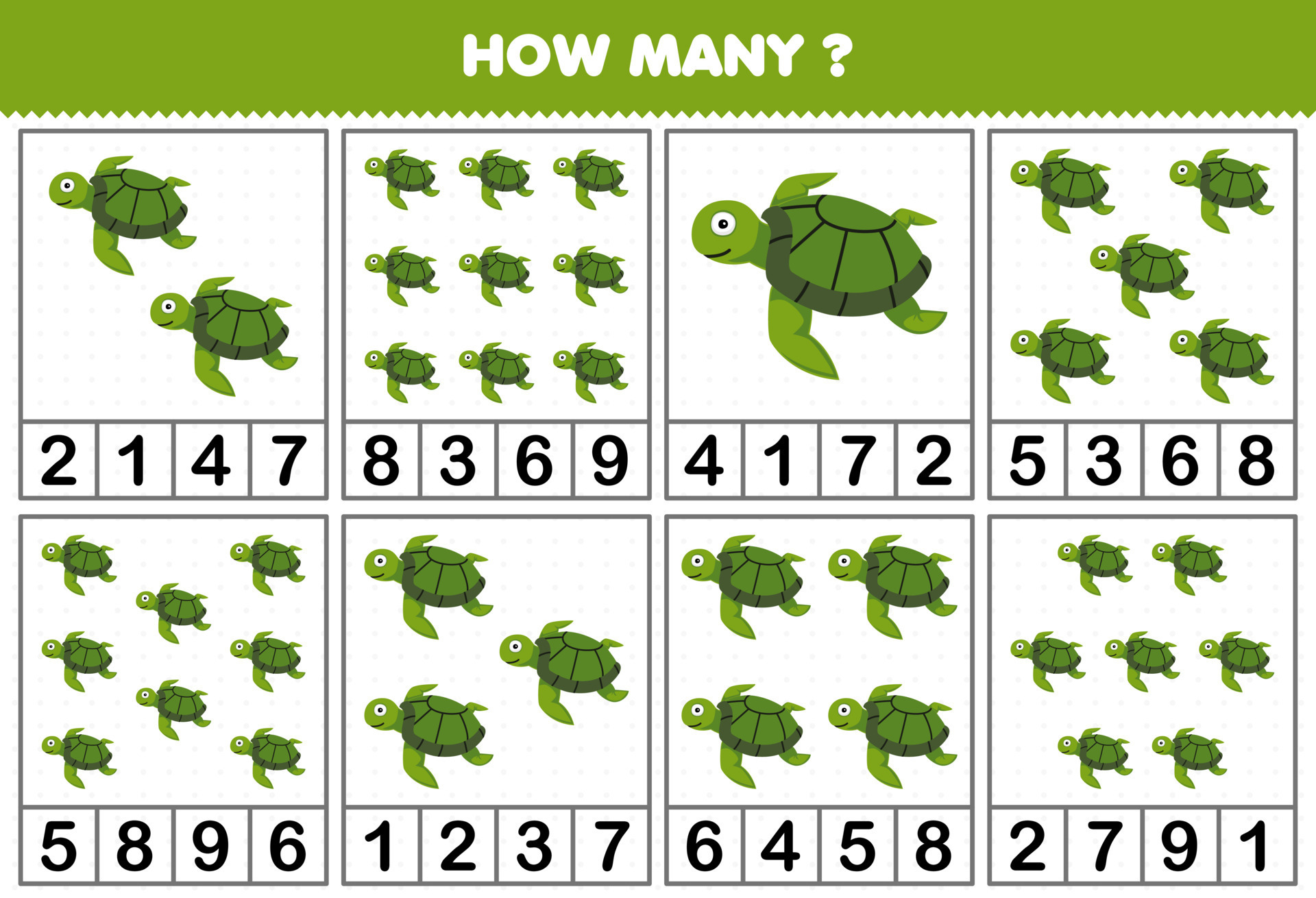 Education game for children counting how many objects in each table of cute cartoon turtle ...