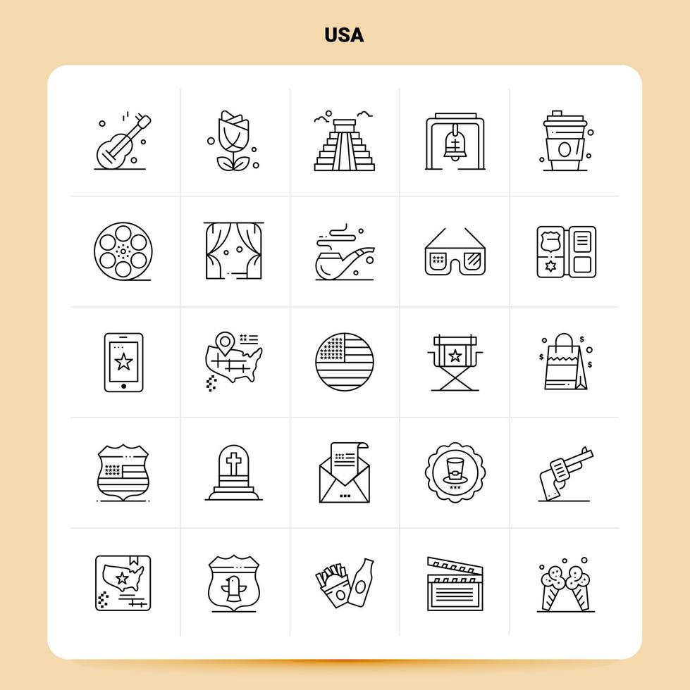 Outline 25 Usa Icon Set Vector Line Style Design Black Icons Set Linear
