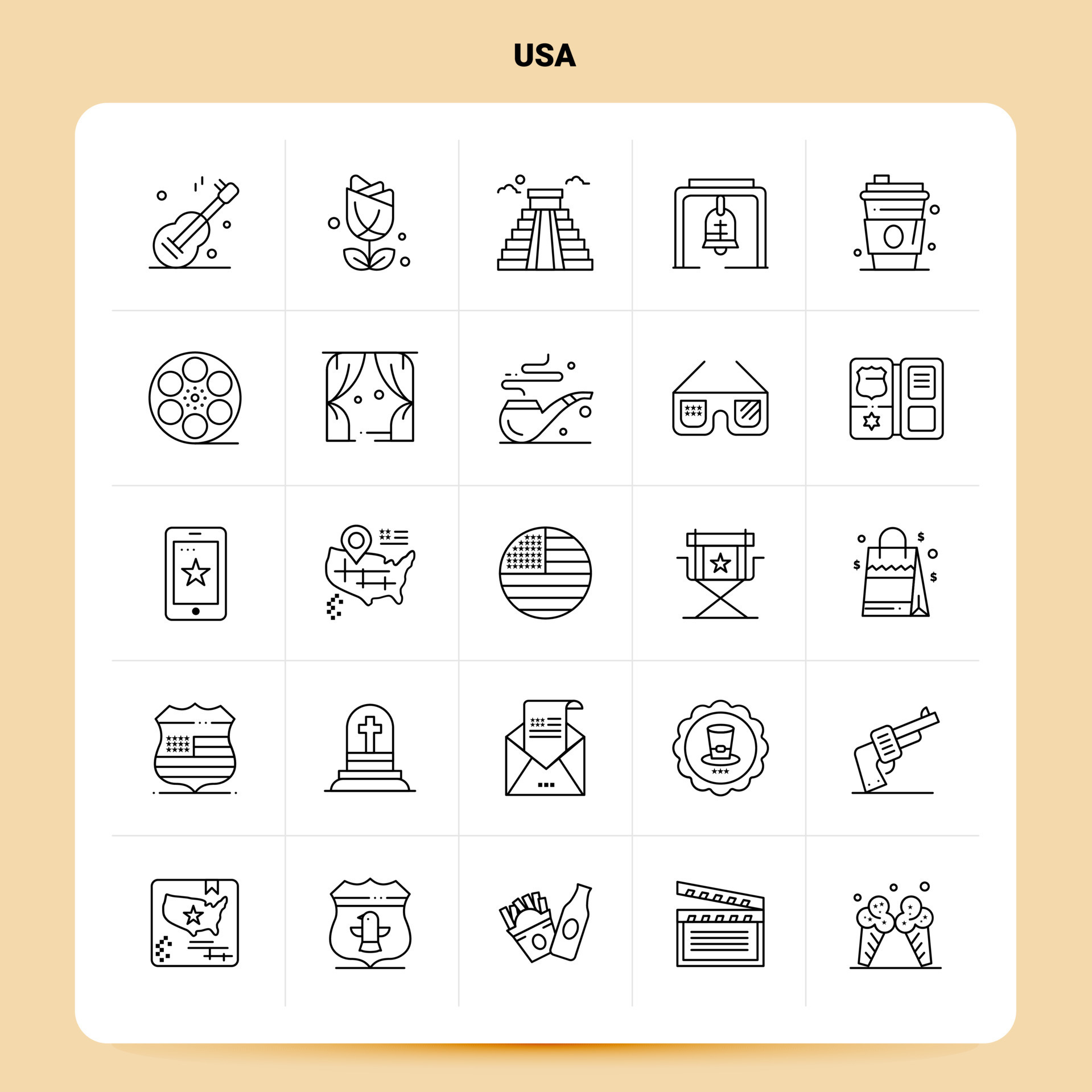 Outline 25 Usa Icon Set Vector Line Style Design Black Icons Set Linear