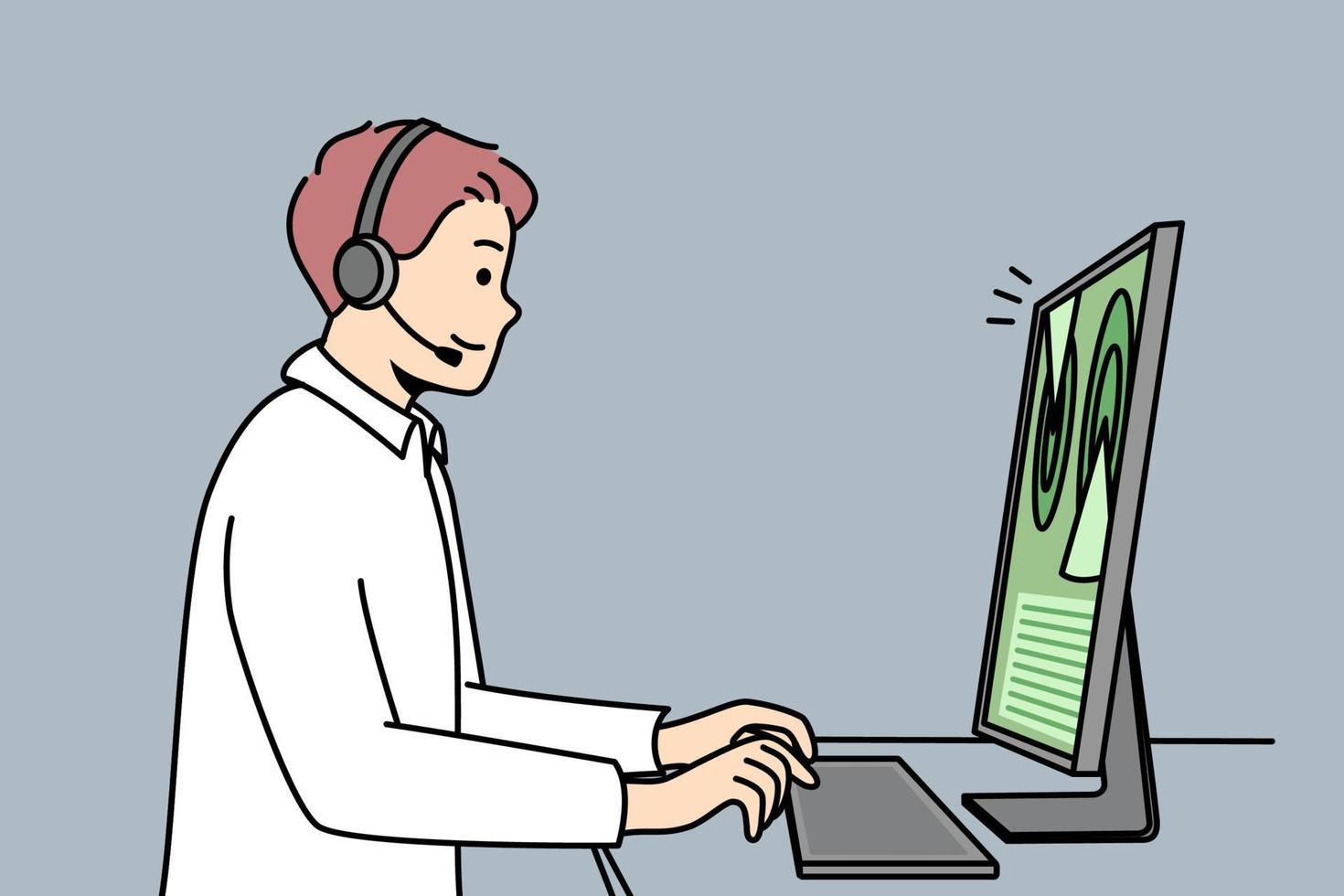 Web Designer In Headset Works At Computer Man Programmer In Headphones
